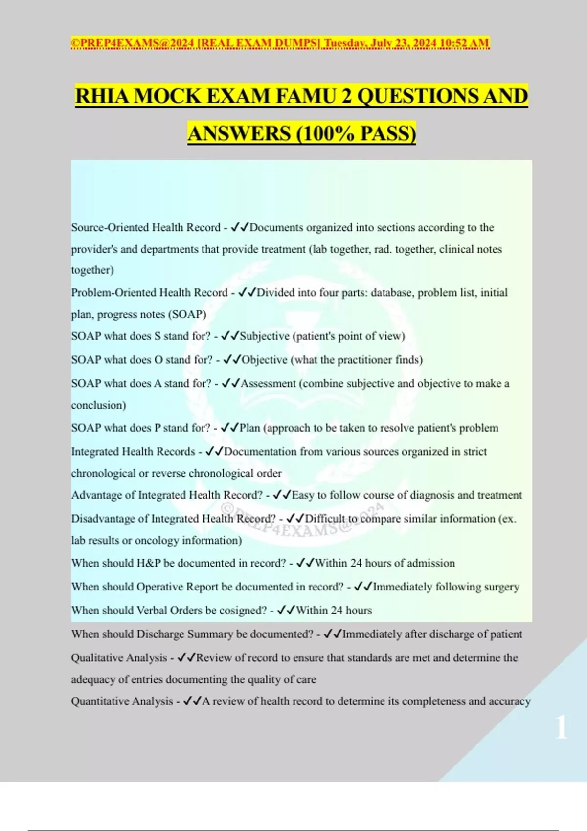 RHIA MOCK EXAM FAMU 2 QUESTIONS AND ANSWERS (100% PASS) - RHIA - Stuvia US