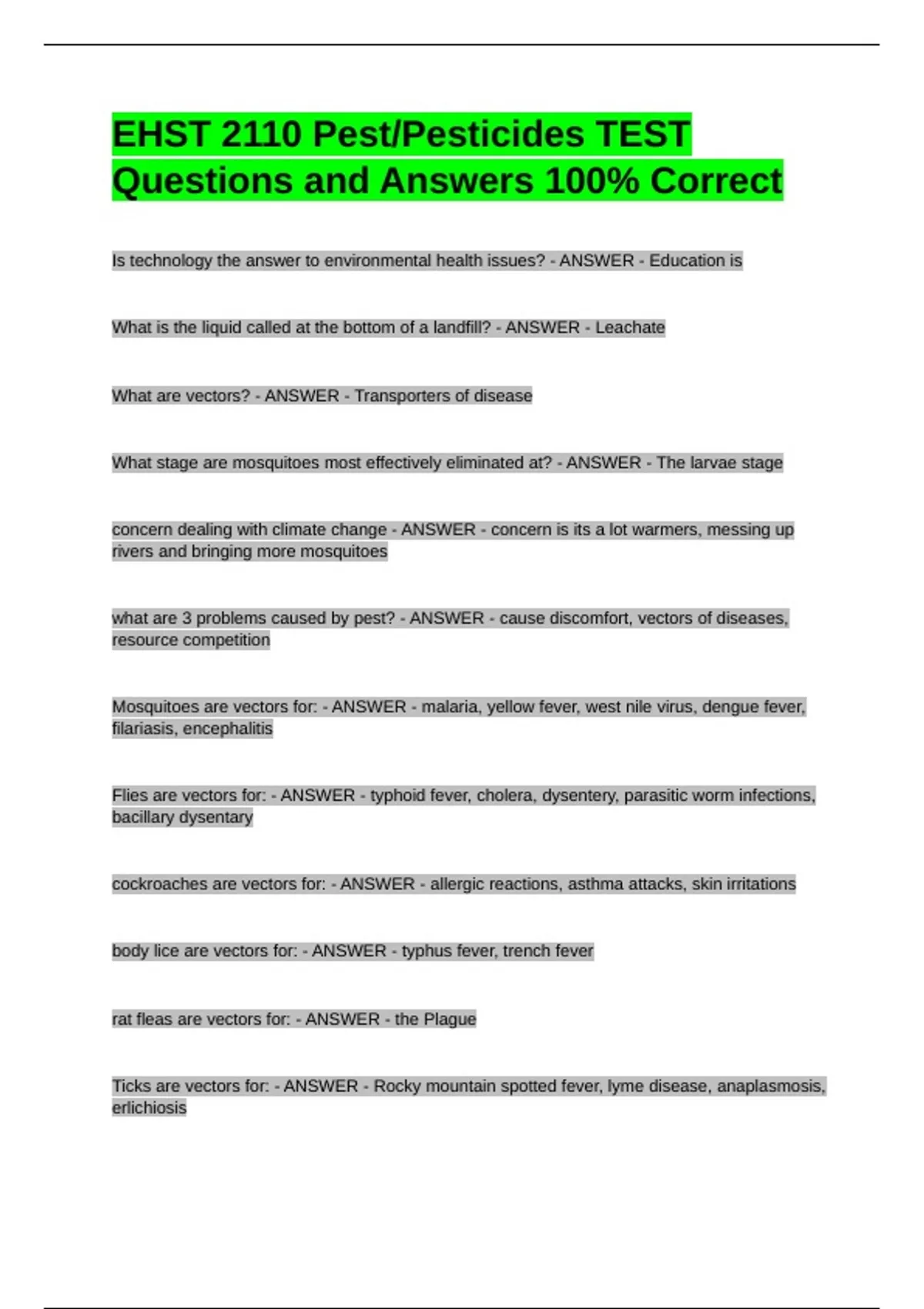 EHST 2110 Pest/Pesticides TEST Questions and Answers 100% Correct ...