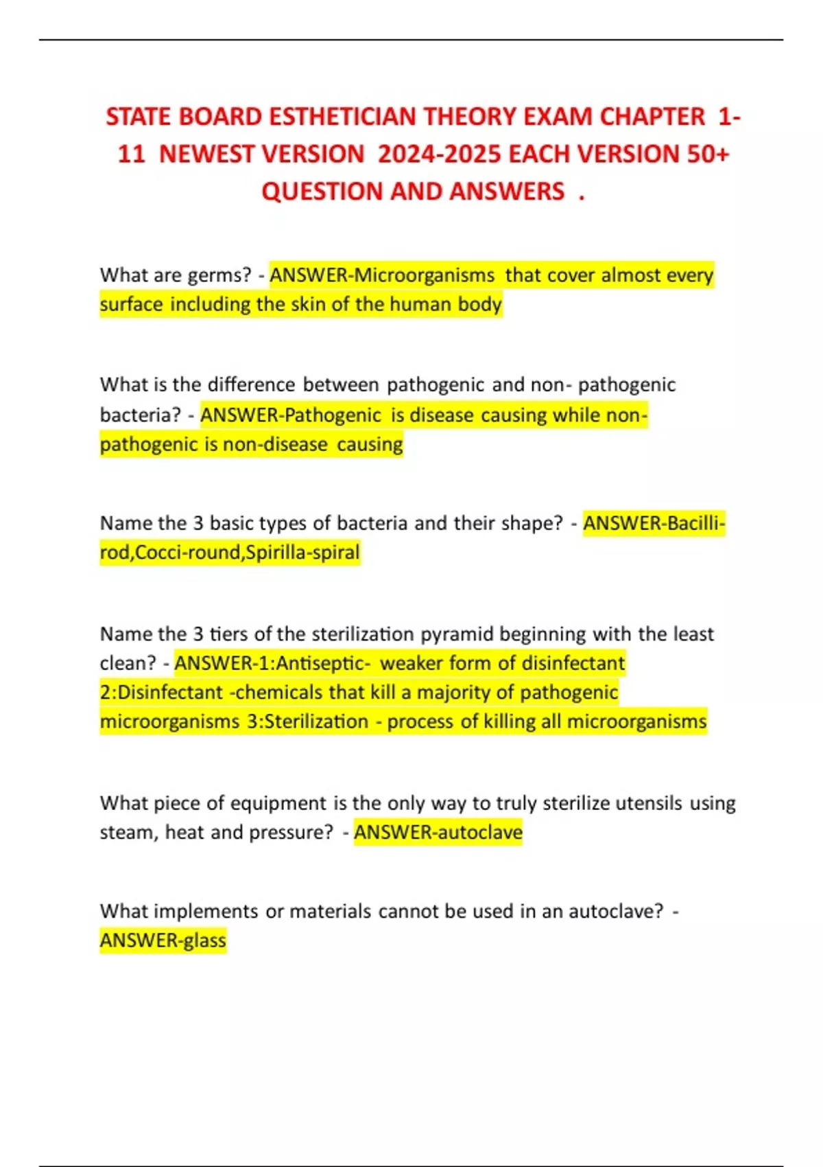 STATE BOARD ESTHETICIAN THEORY EXAM CHAPTER 1-11 NEWEST VERSION EACH ...