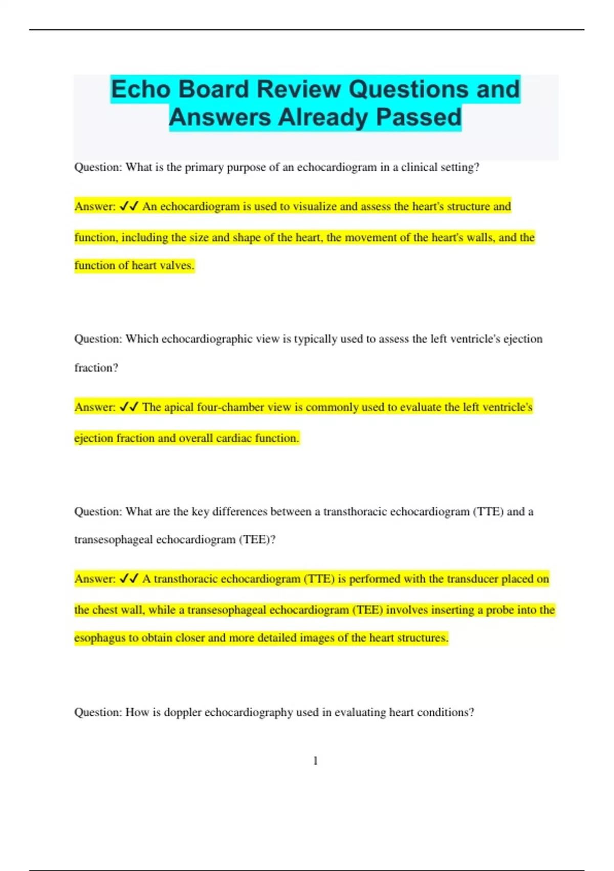 Echo Board Review Questions and Answers Already Passed - Echo Board ...