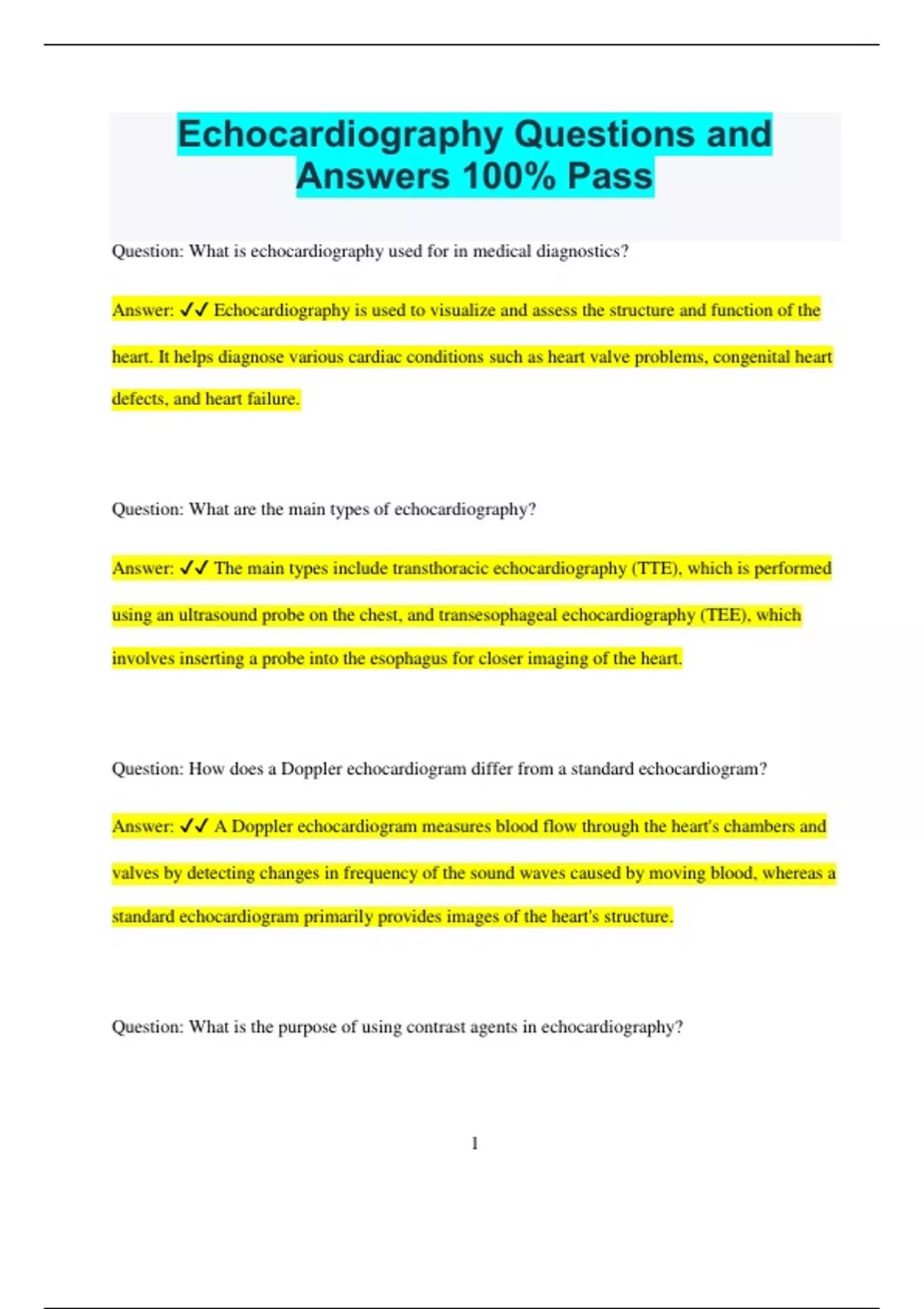 Echocardiography Questions and Answers 100% Pass - Echocardiography - Stuvia US