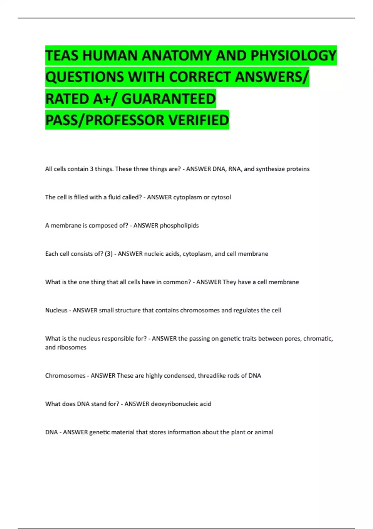 Summary TEAS HUMAN ANATOMY AND PHYSIOLOGY QUESTIONS WITH CORRECT ...