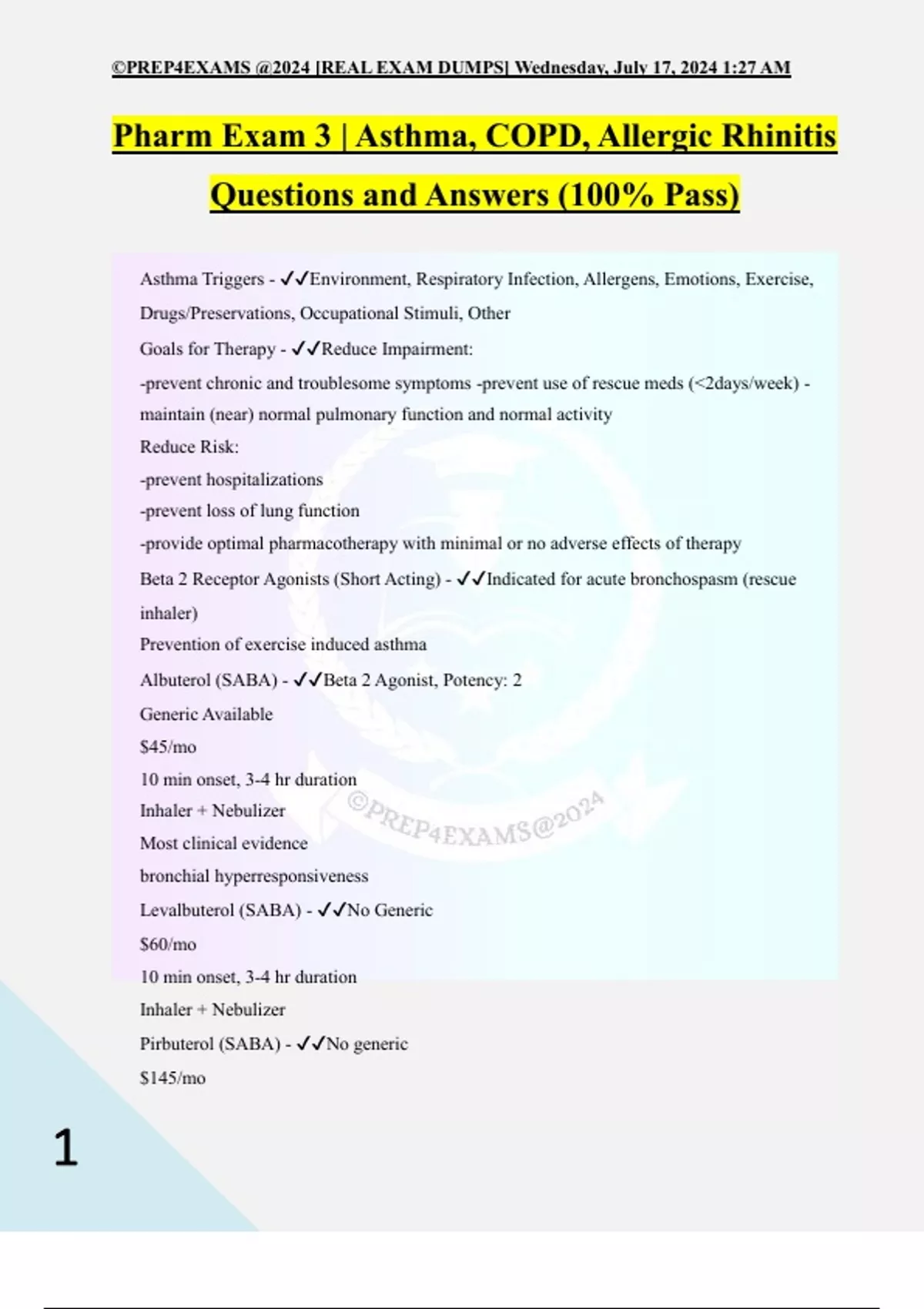 Pharm Exam 3 | Asthma, COPD, Allergic Rhinitis Questions and Answers ...