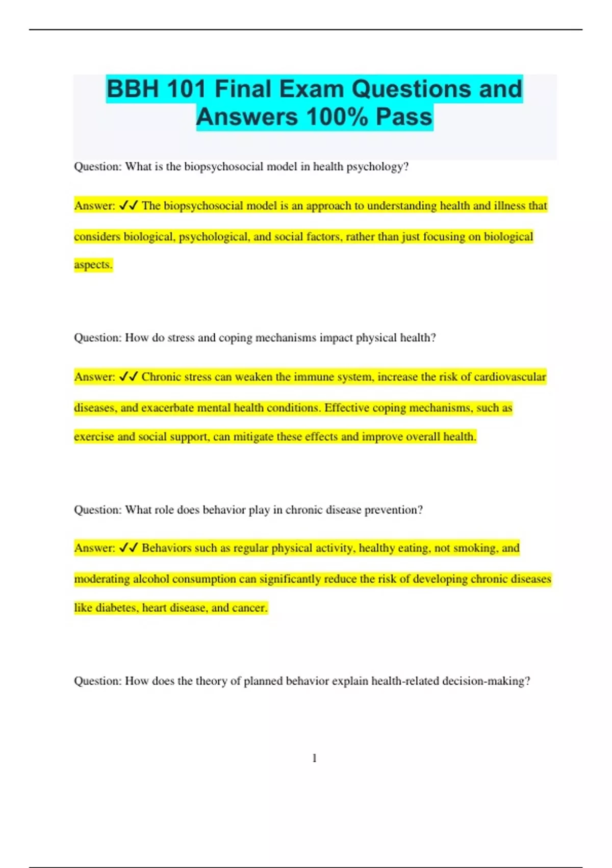 BBH 101 Final Exam Questions and Answers 100% Pass - BBH 101 - Stuvia US