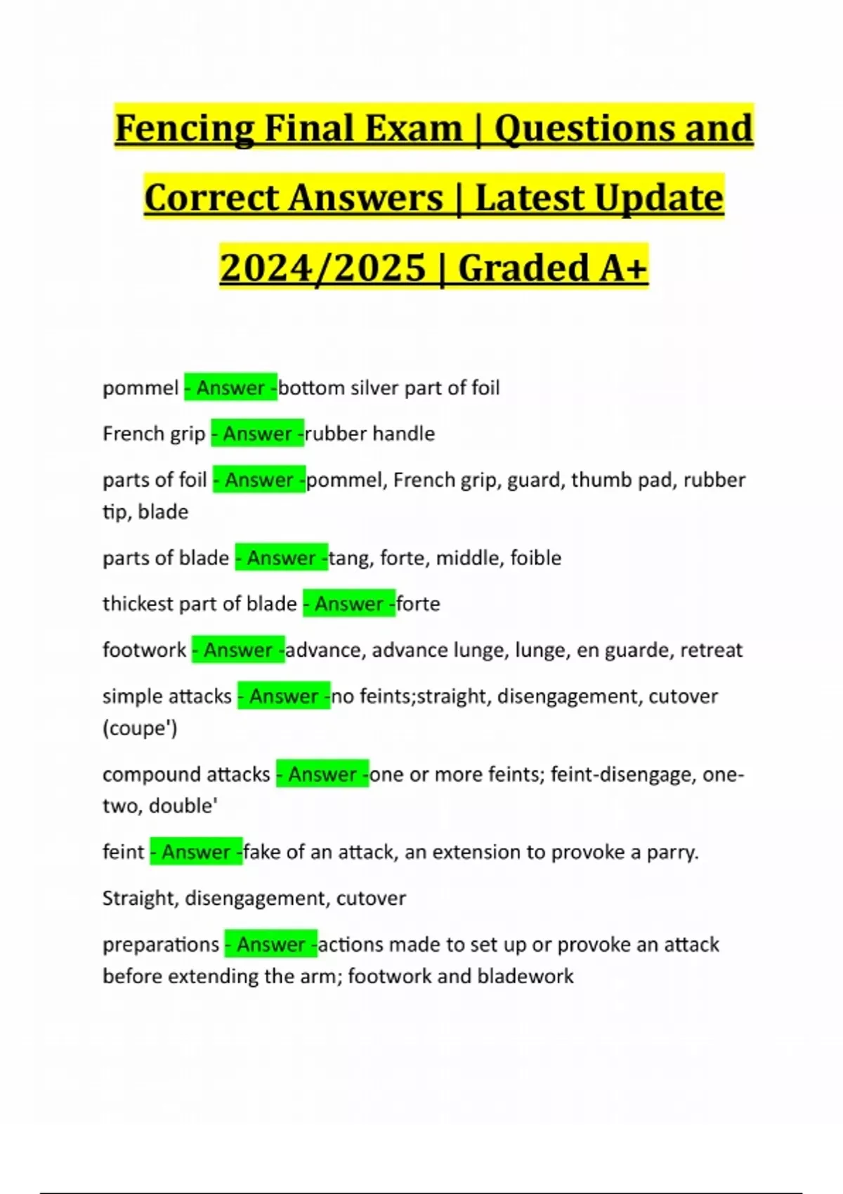 Fencing Final Exam | Questions and Correct Answers | Latest Update 2024 ...