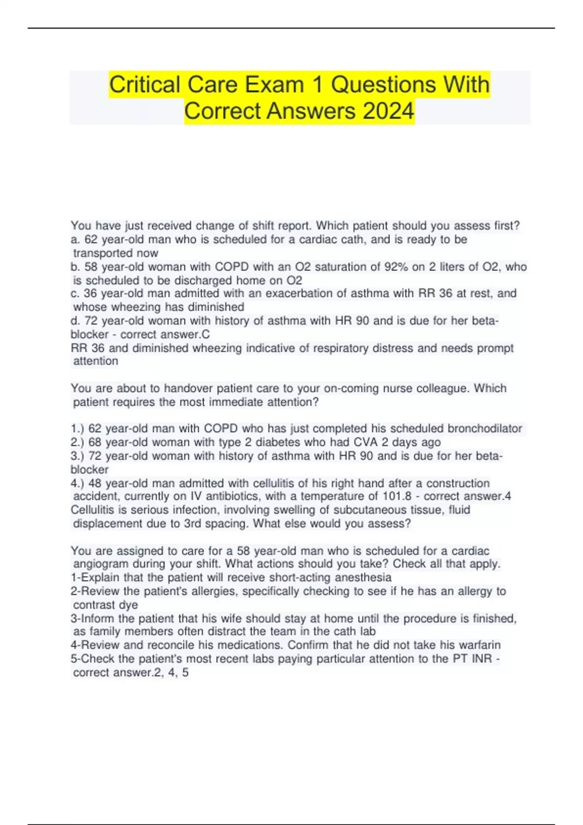 Critical Care Exam 1 Questions With Correct Answers 2024 - Critical ...