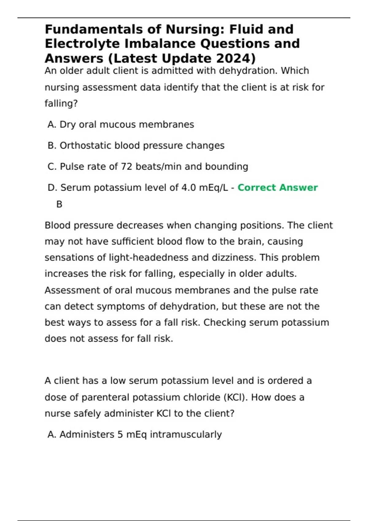 Fundamentals of Nursing: Fluid and Electrolyte Imbalance Questions and ...