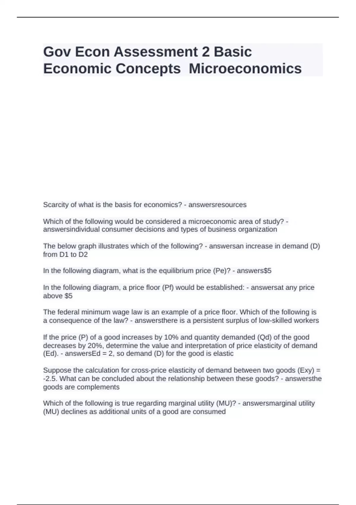 Gov -Econ Assessment 2 Basic Economic Concepts& Microeconomics ...