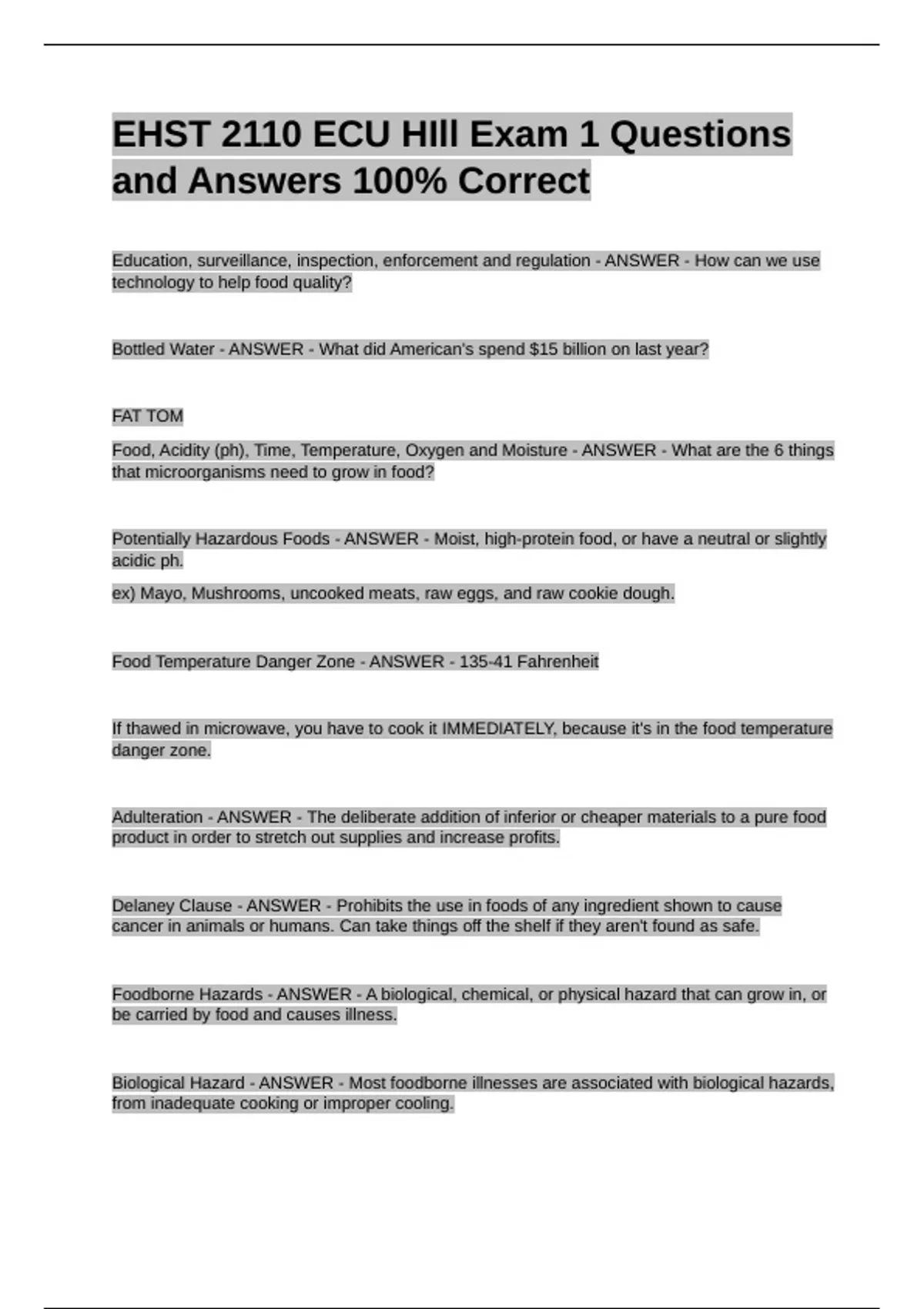 EHST 2110 ECU HIll Exam 1 Questions and Answers 100% Correct - EHST ...