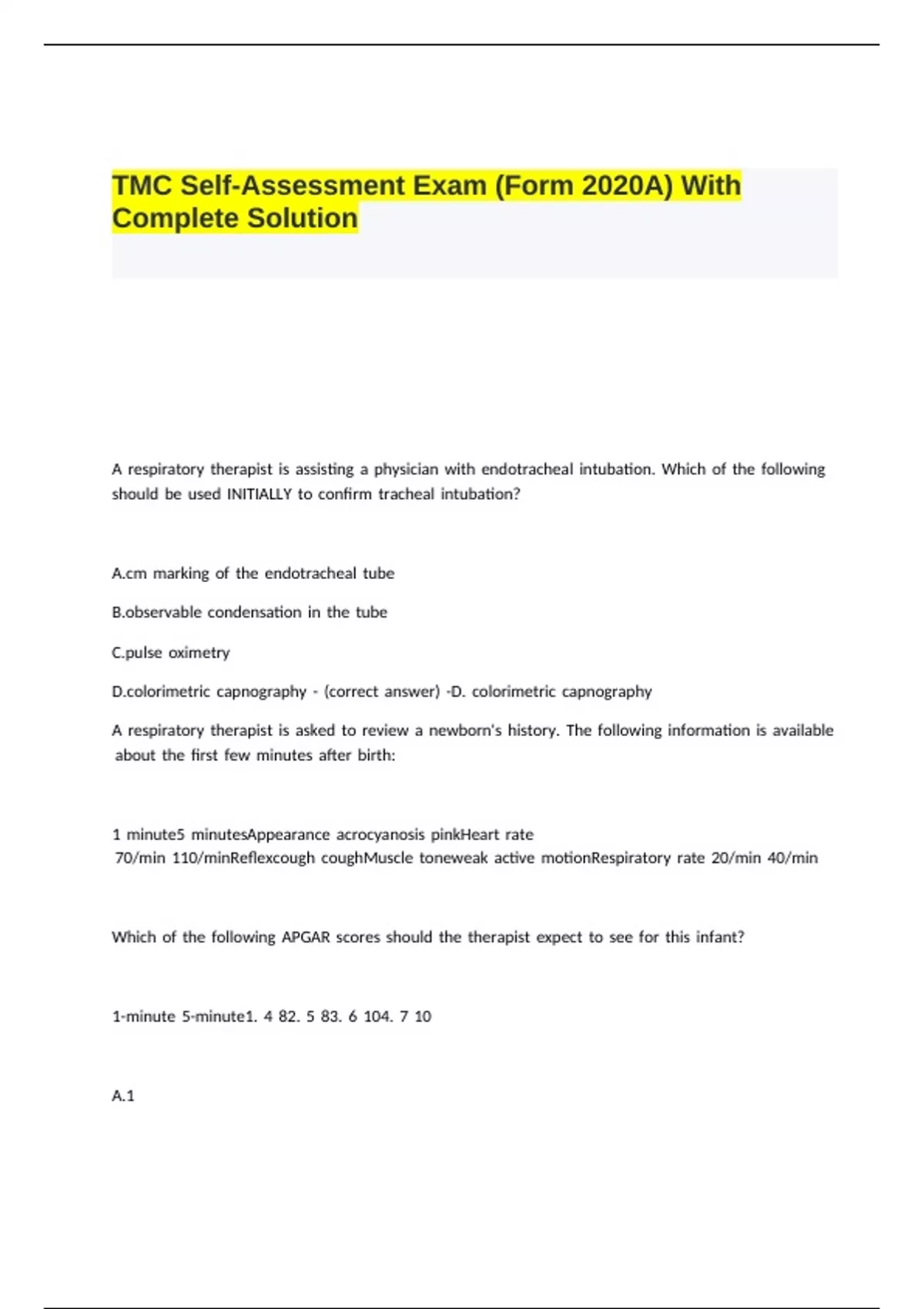 TMC Self-Assessment Exam (Form 2020A) With Complete Solution. - TMC - Stuvia US