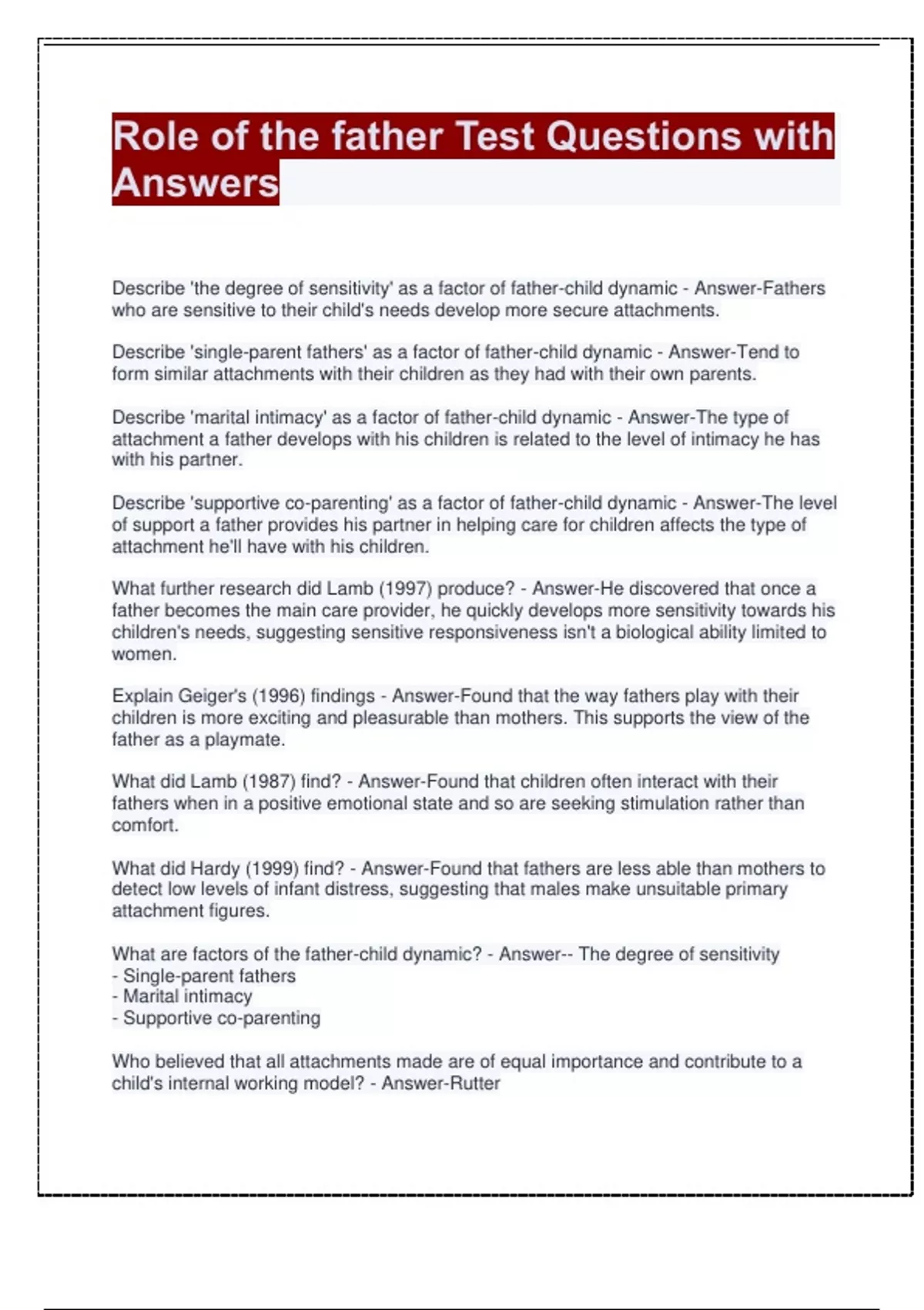 Role of the father Test Questions with Answers - Role of the father ...