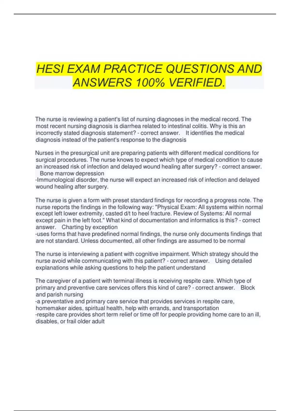 HESI EXAM PRACTICE QUESTIONS AND ANSWERS 100% VERIFIED. - HESI - Stuvia US