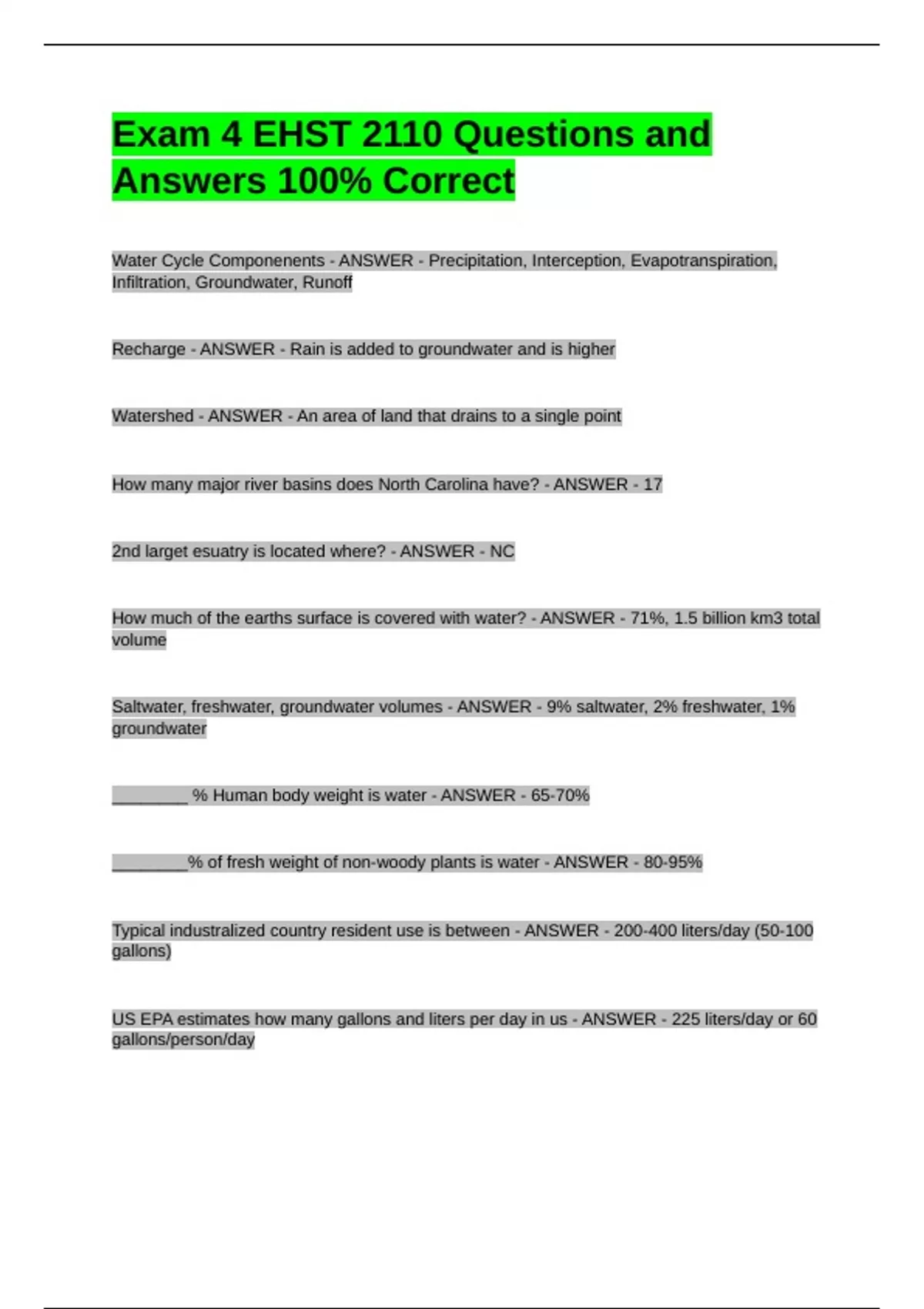 Exam 4 EHST 2110 Questions and Answers 100% Correct - EHST 2110 - Stuvia US