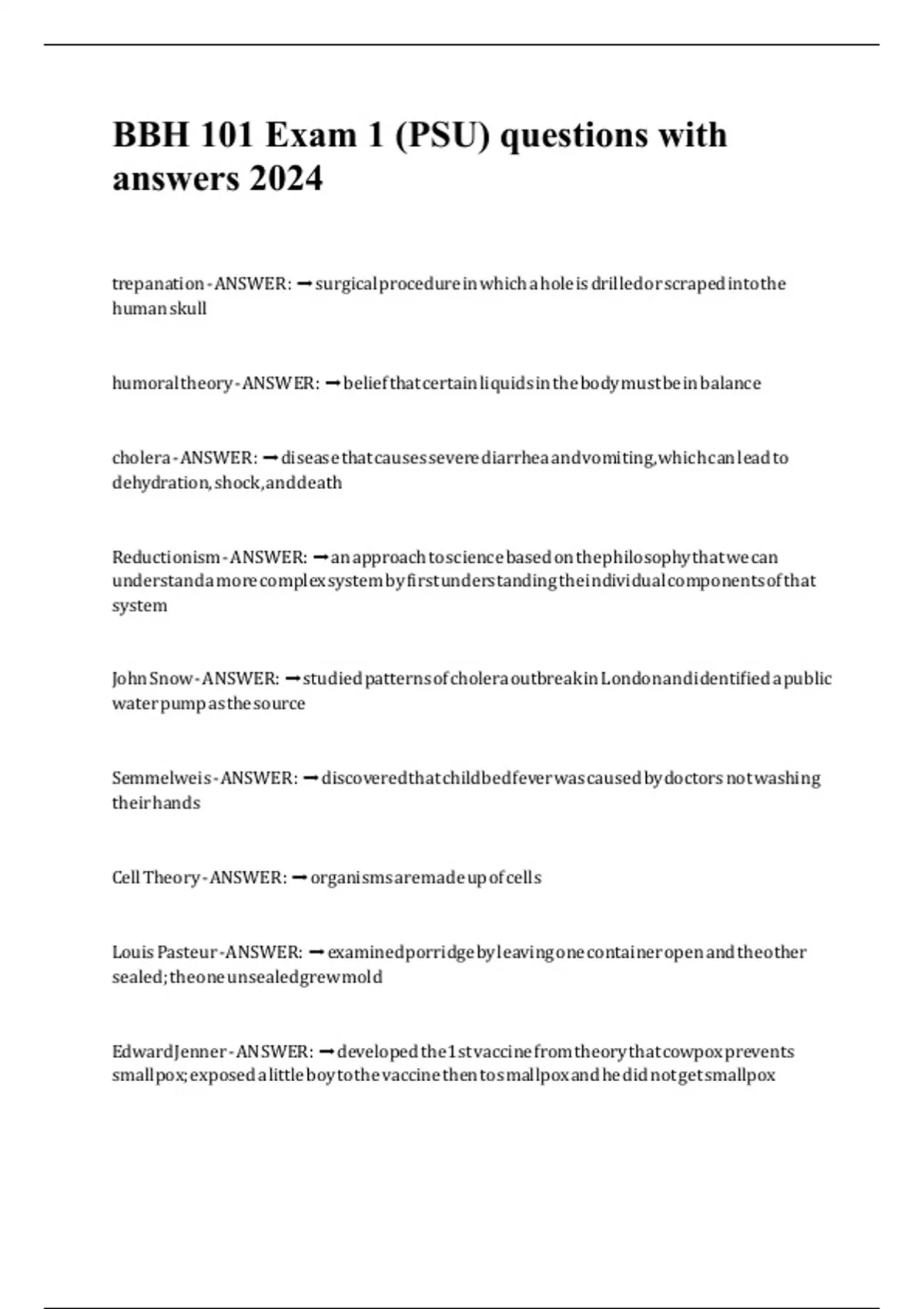 BBH 101 Exam 1 (PSU) questions with answers 2024 - BBH 101 - Stuvia US