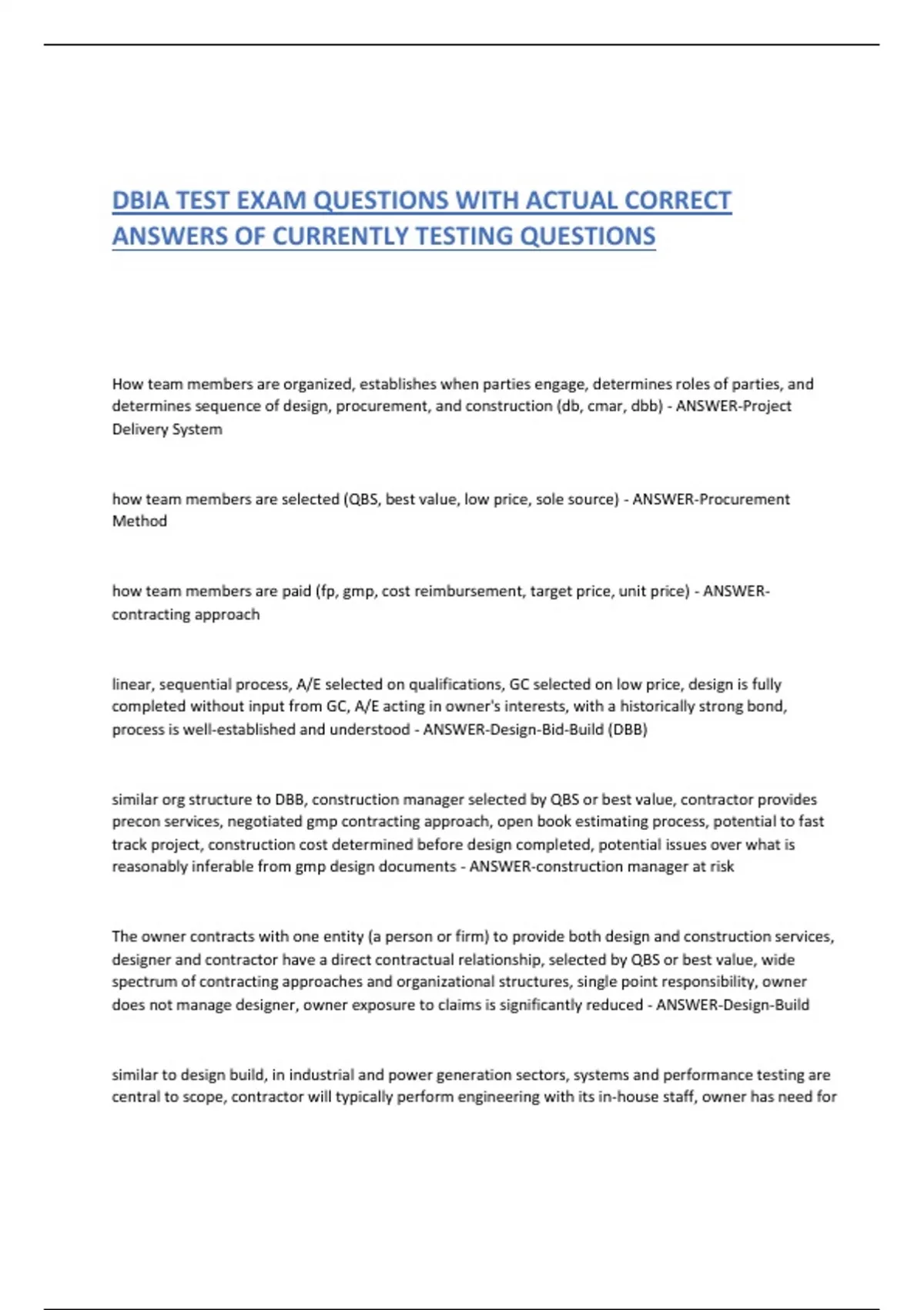DBIA TEST EXAM QUESTIONS WITH ACTUAL CORRECT ANSWERS OF CURRENTLY ...