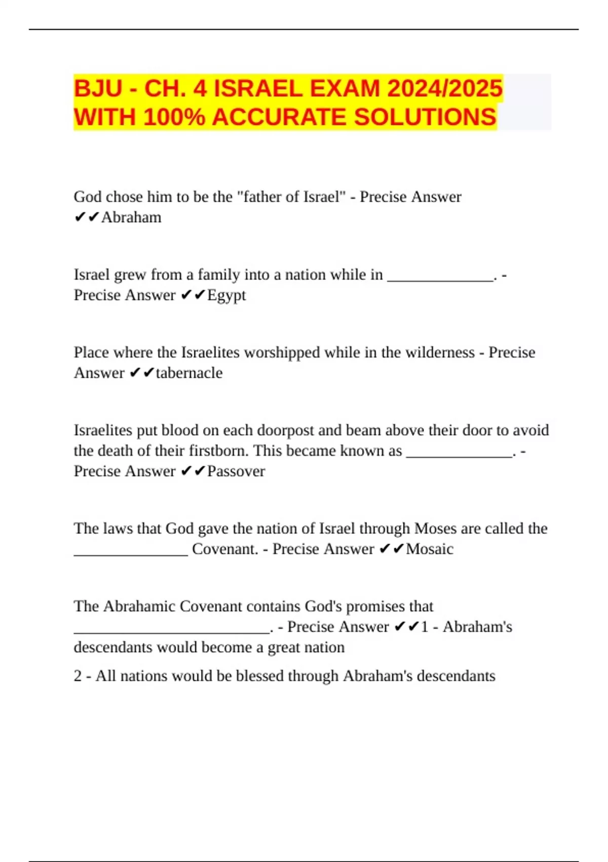 BJU - CH. 4 ISRAEL EXAM 2024/2025 WITH 100% ACCURATE SOLUTIONS - BJU ...