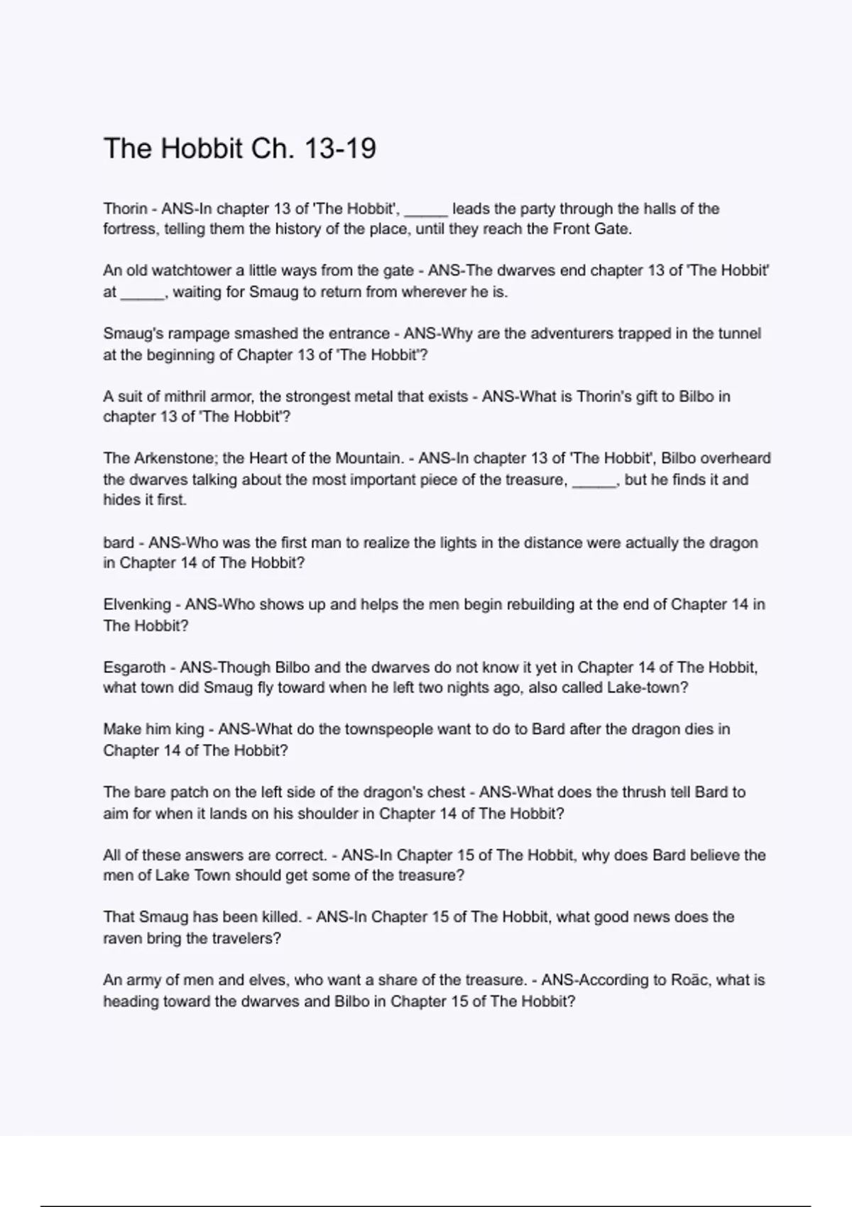 The Hobbit Ch. 13-19 (1). Questions & 100% Verified Correct Answers ...