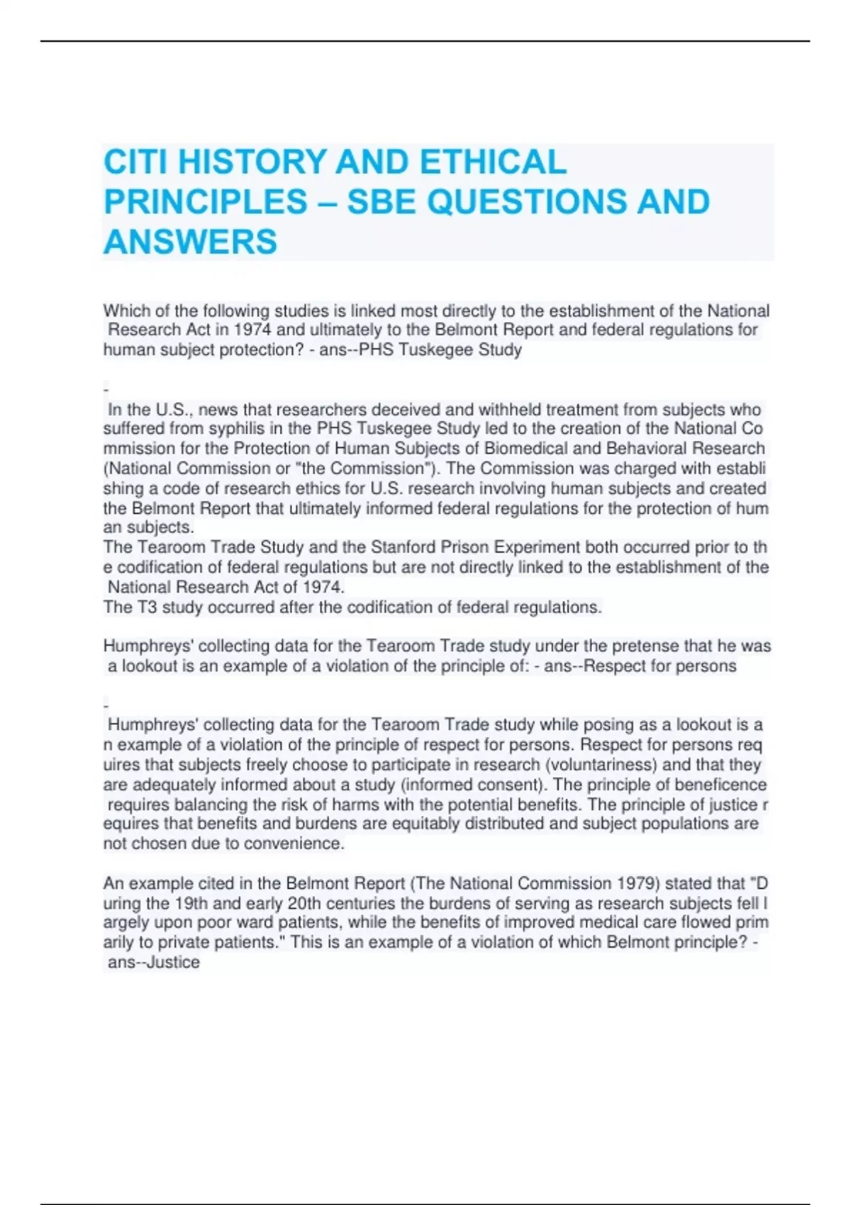 CITI HISTORY AND ETHICAL PRINCIPLES – SBE QUESTIONS AND ANSWERS - CITI ...