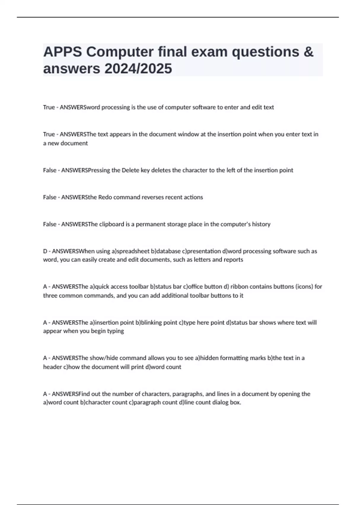 APPS Computer final exam questions & answers 2024/2025 - APPS Computer - Stuvia US