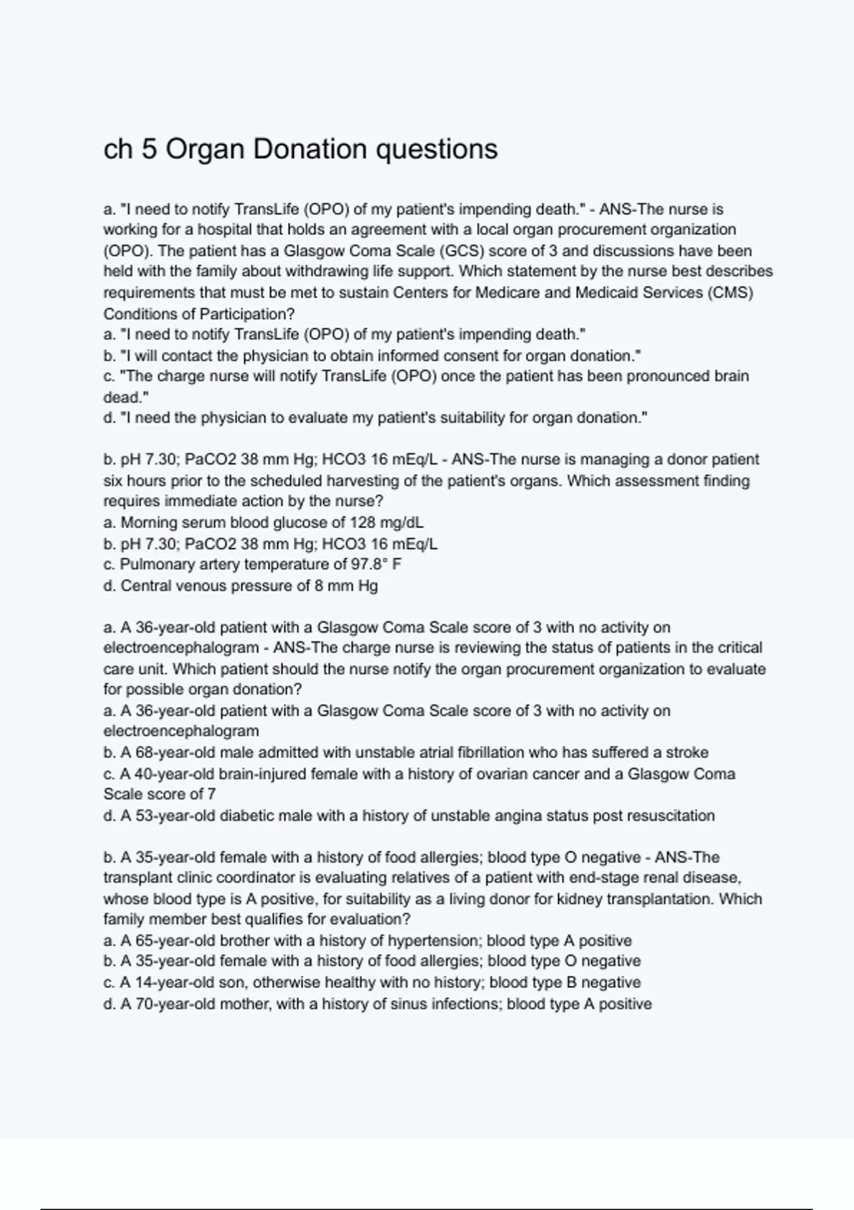 ch 5 Organ Donation questions (1) Questions & 100% Verified Correct ...