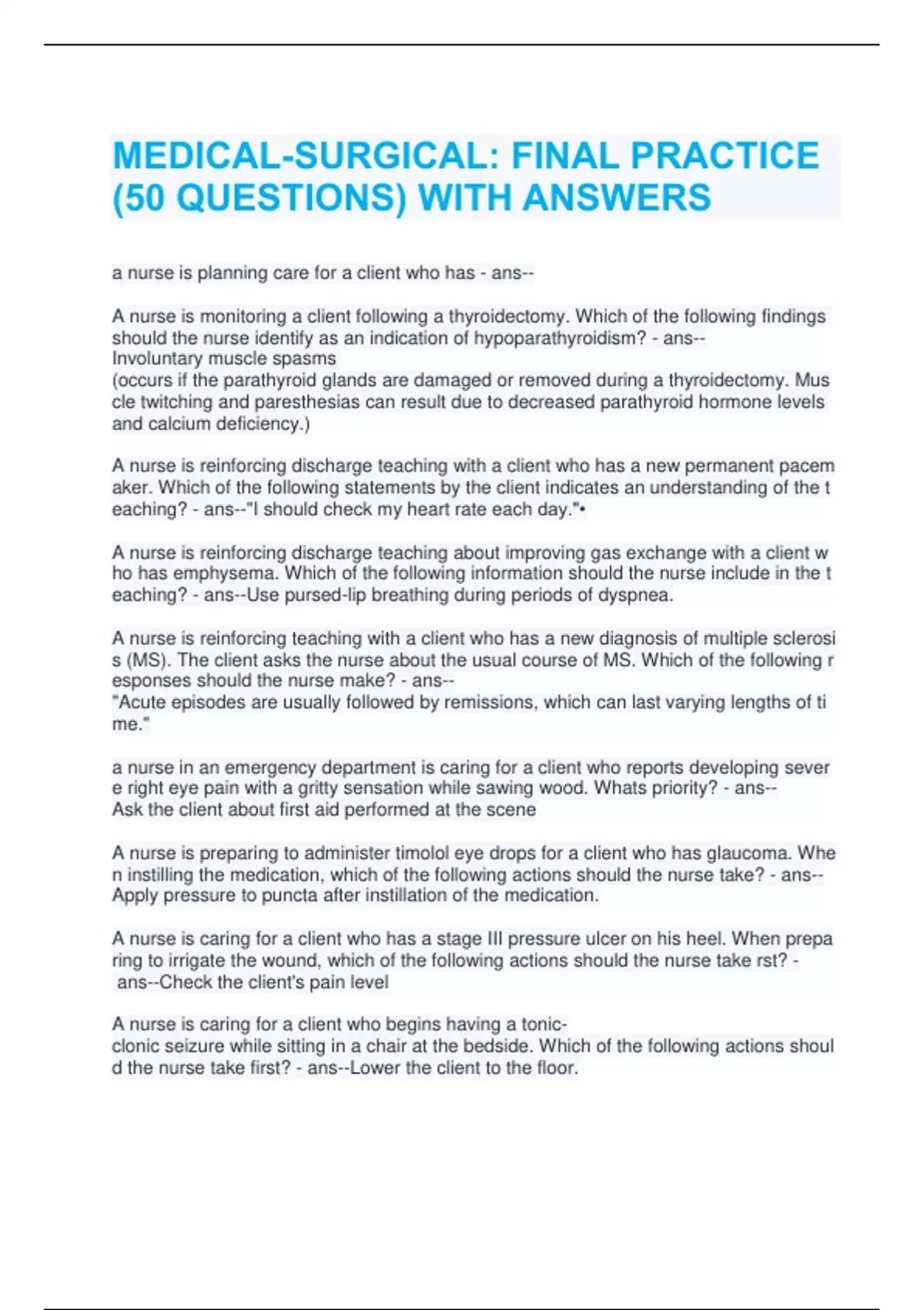 MEDICAL SURGICAL PRACTICE EXAM QUESTIONS WITH COMPLETE SOLUTIONS ...