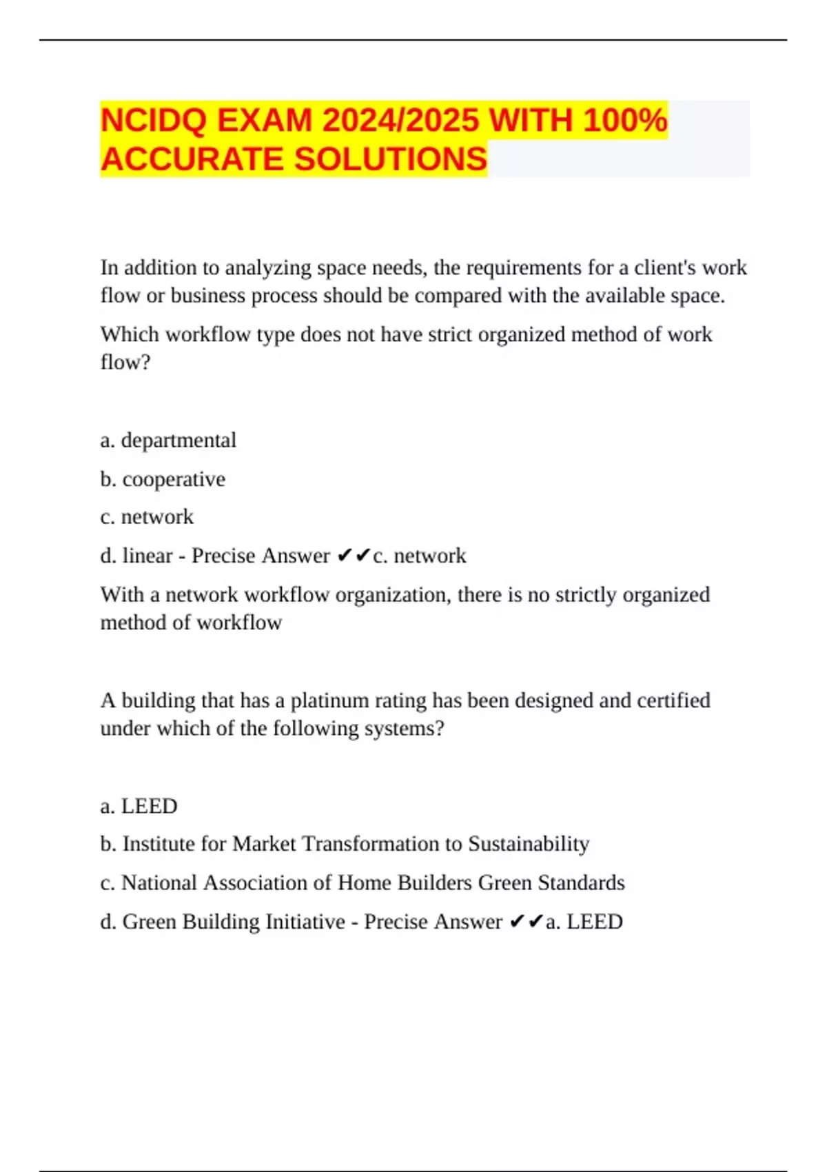 NCIDQ EXAM 2024/2025 WITH 100% ACCURATE SOLUTIONS - NCIDQ - Stuvia US