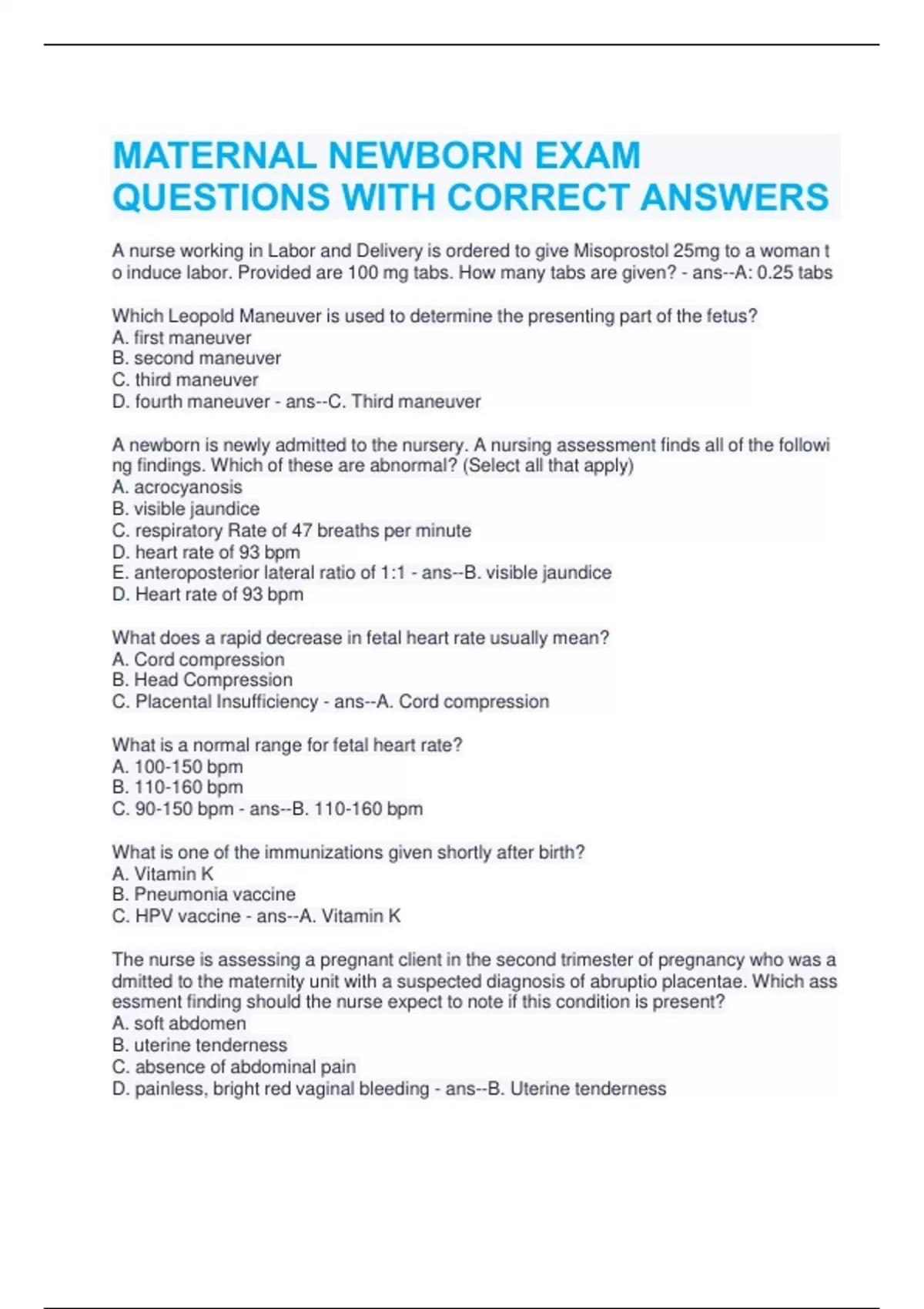 MATERNAL NEWBORN EXAM QUESTIONS WITH CORRECT ANSWERS - Maternal Newborn ...