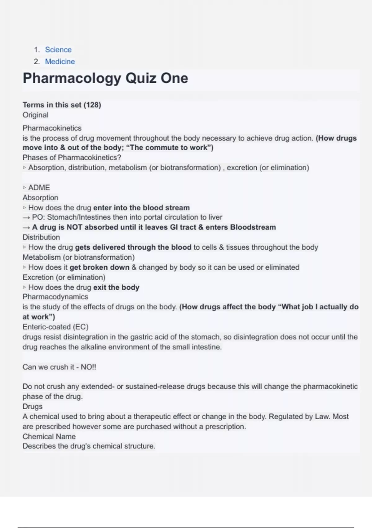 Science Medicine Pharmacology Quiz One Questions & answers latest ...