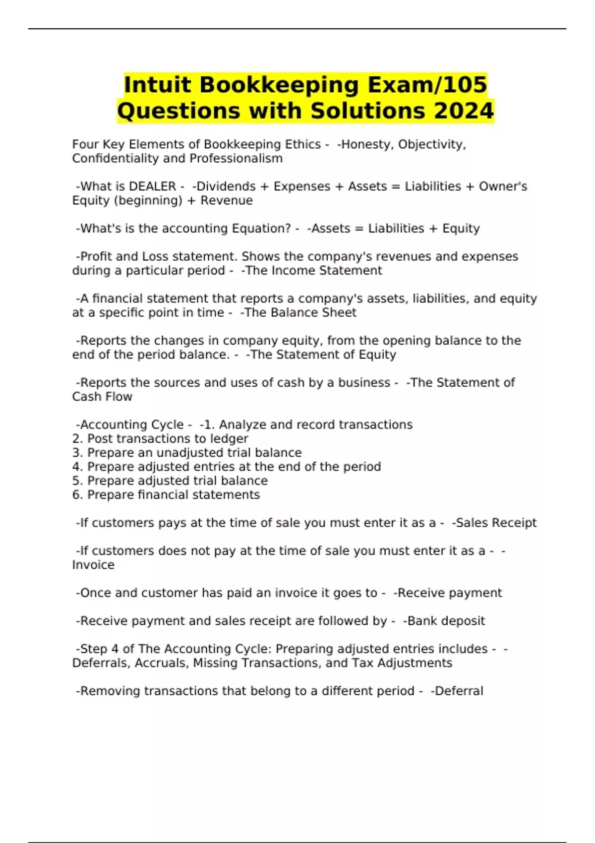 Intuit Bookkeeping Exam/105 Questions with Solutions 2024 - Intuit ...