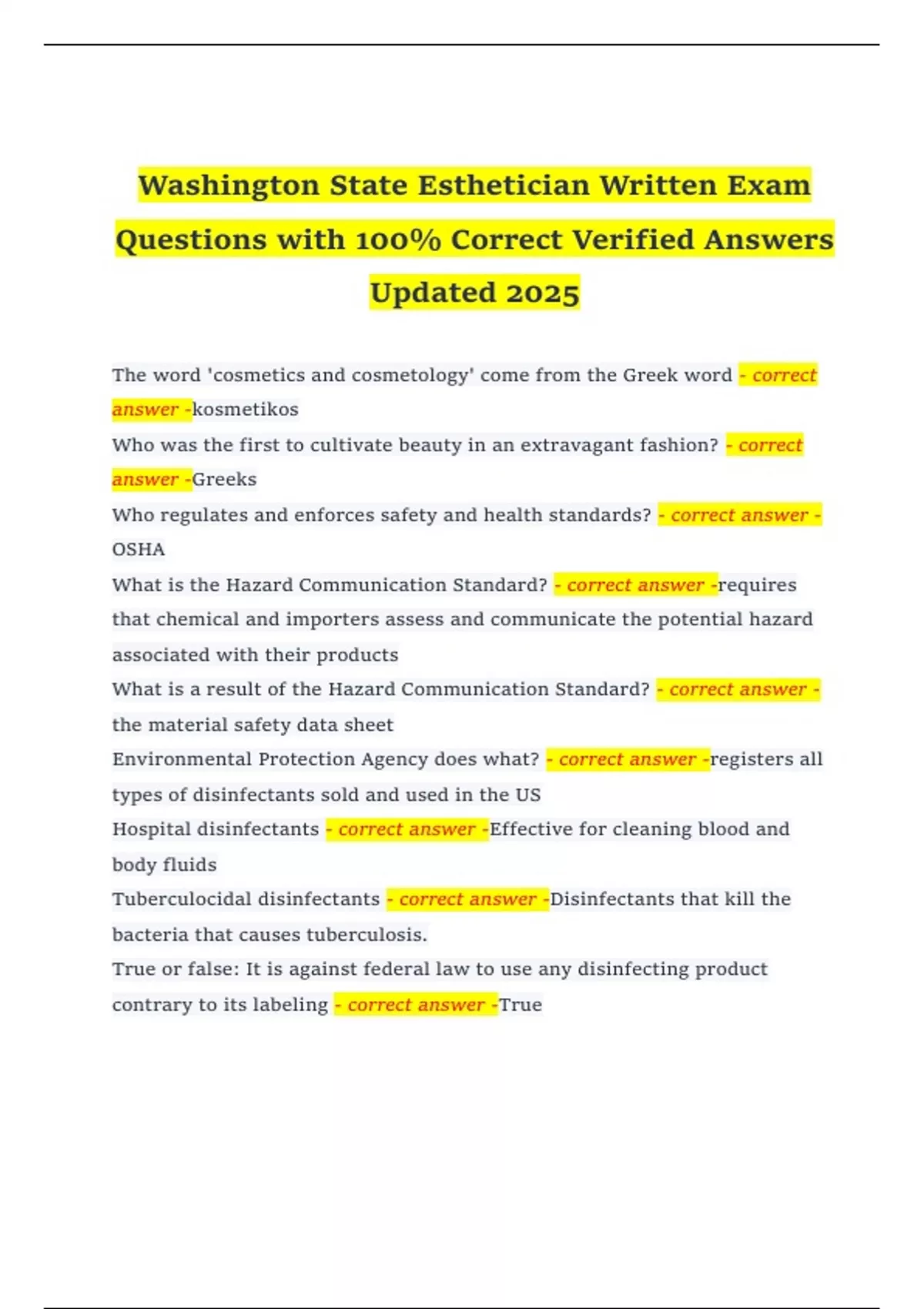 Washington State Esthetician Written Exam Questions with 100% Correct ...