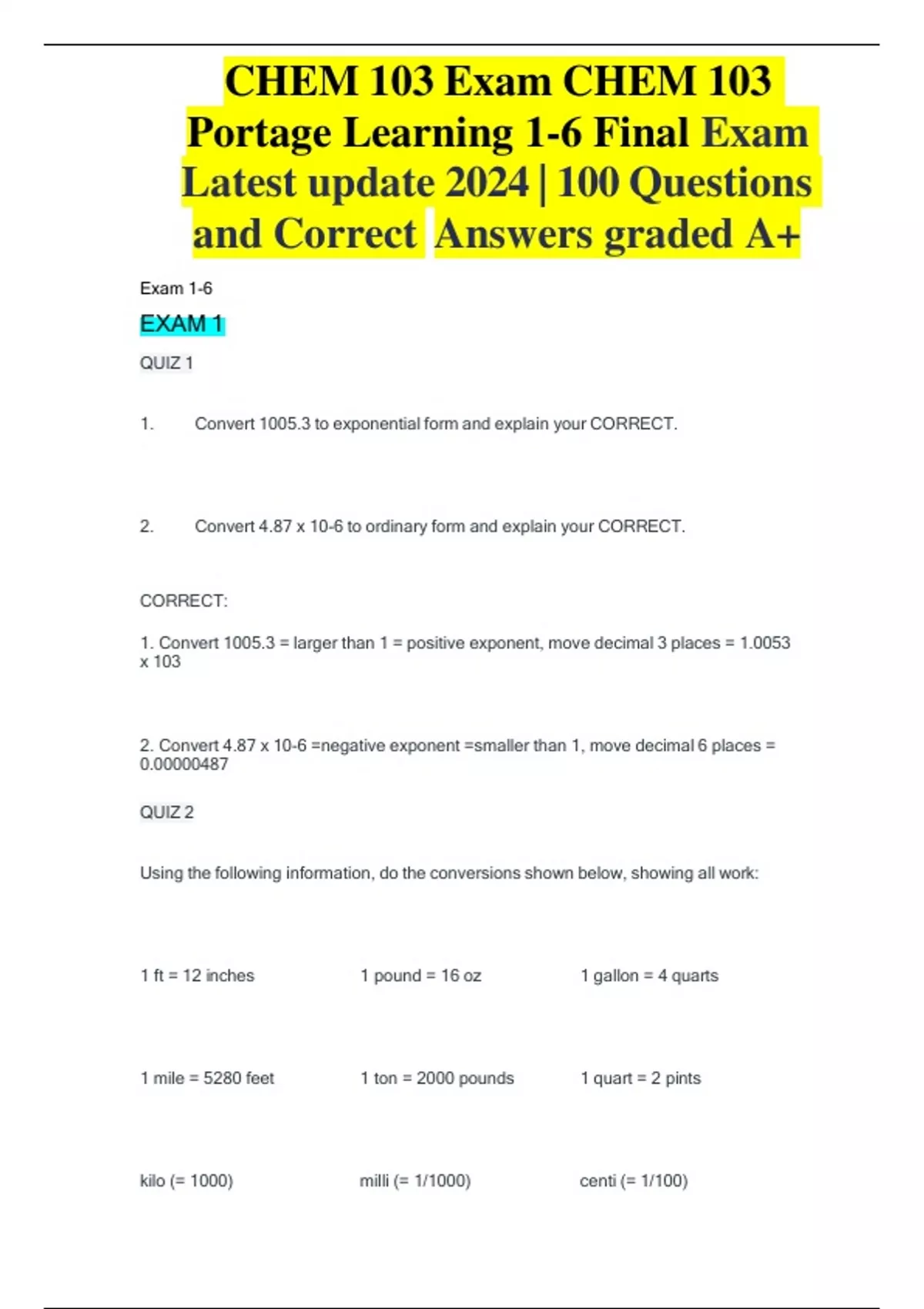 CHEM 103 Exam CHEM 103 Portage Learning 1-6 Final Exam 100 Questions ...