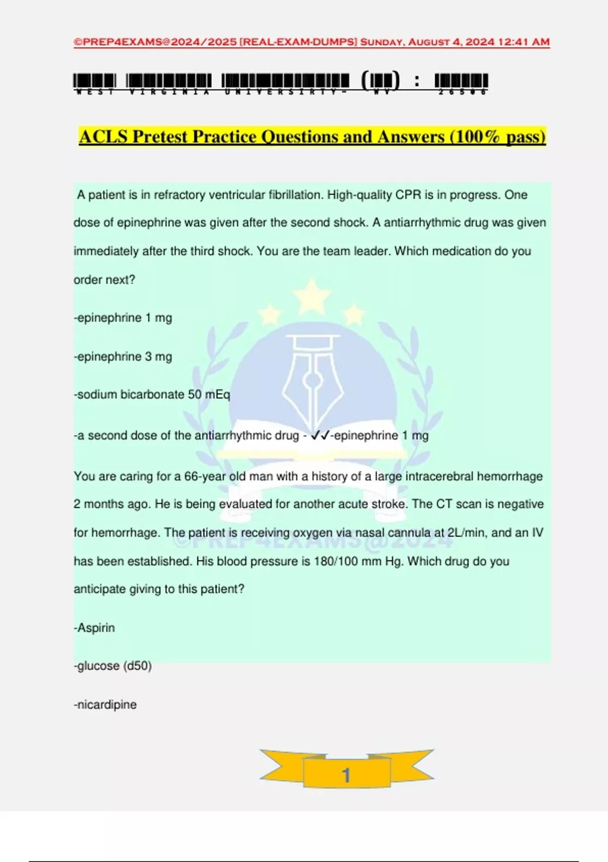 ACLS Pretest Practice Questions and Answers (100% pass) - ACLS 2025 ...