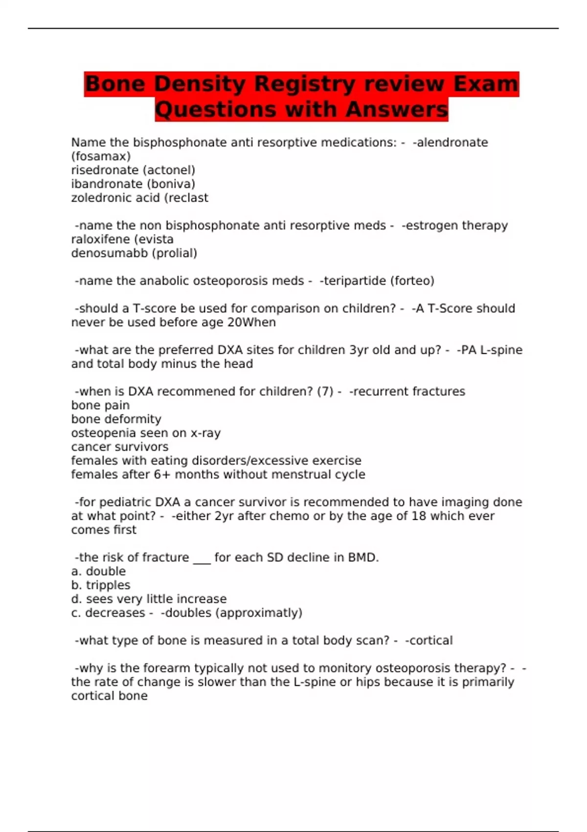 Bone Density Registry review Exam Questions with Answers - Bone Density ...