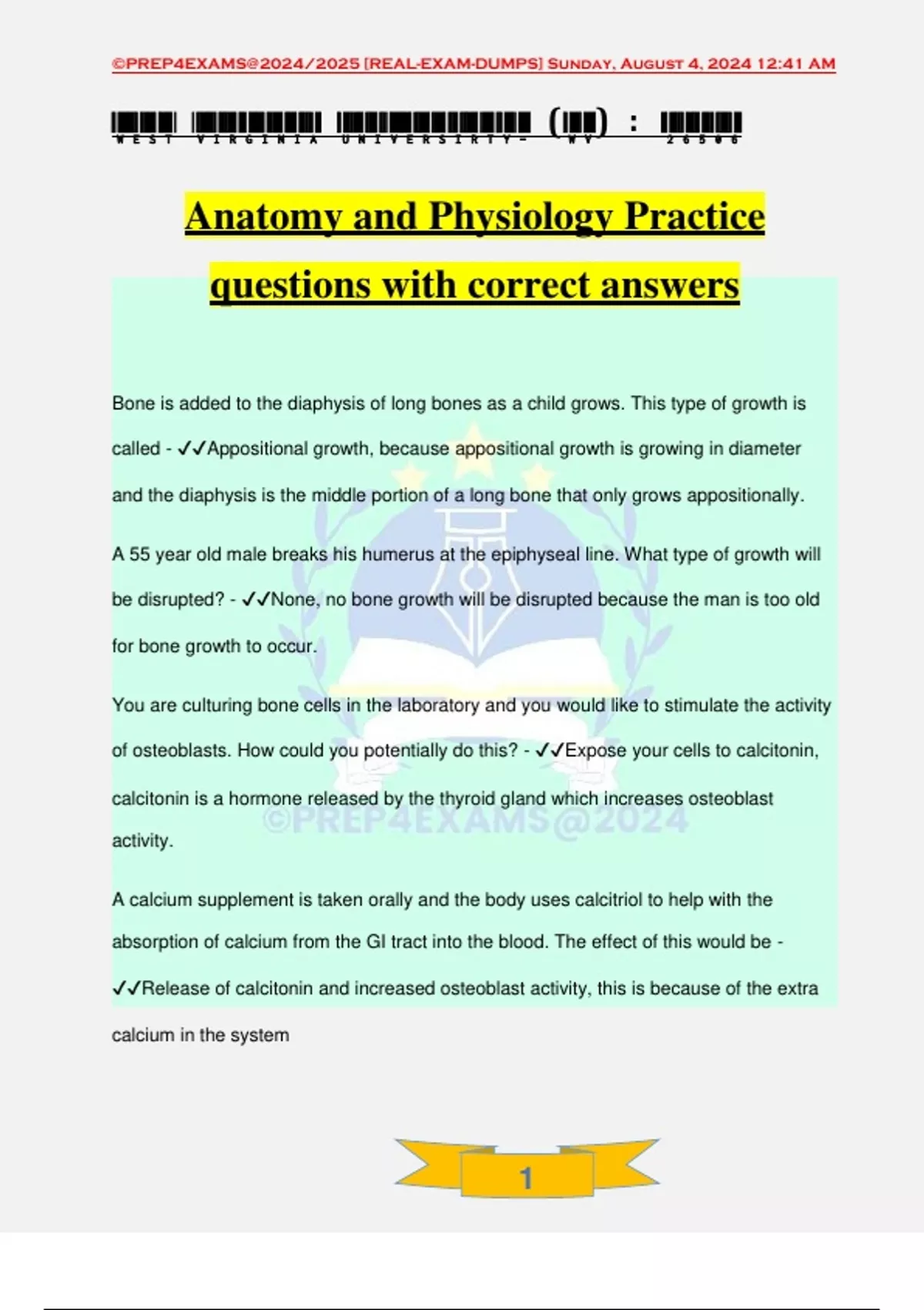 Anatomy and Physiology Practice questions with correct answers - Human ...