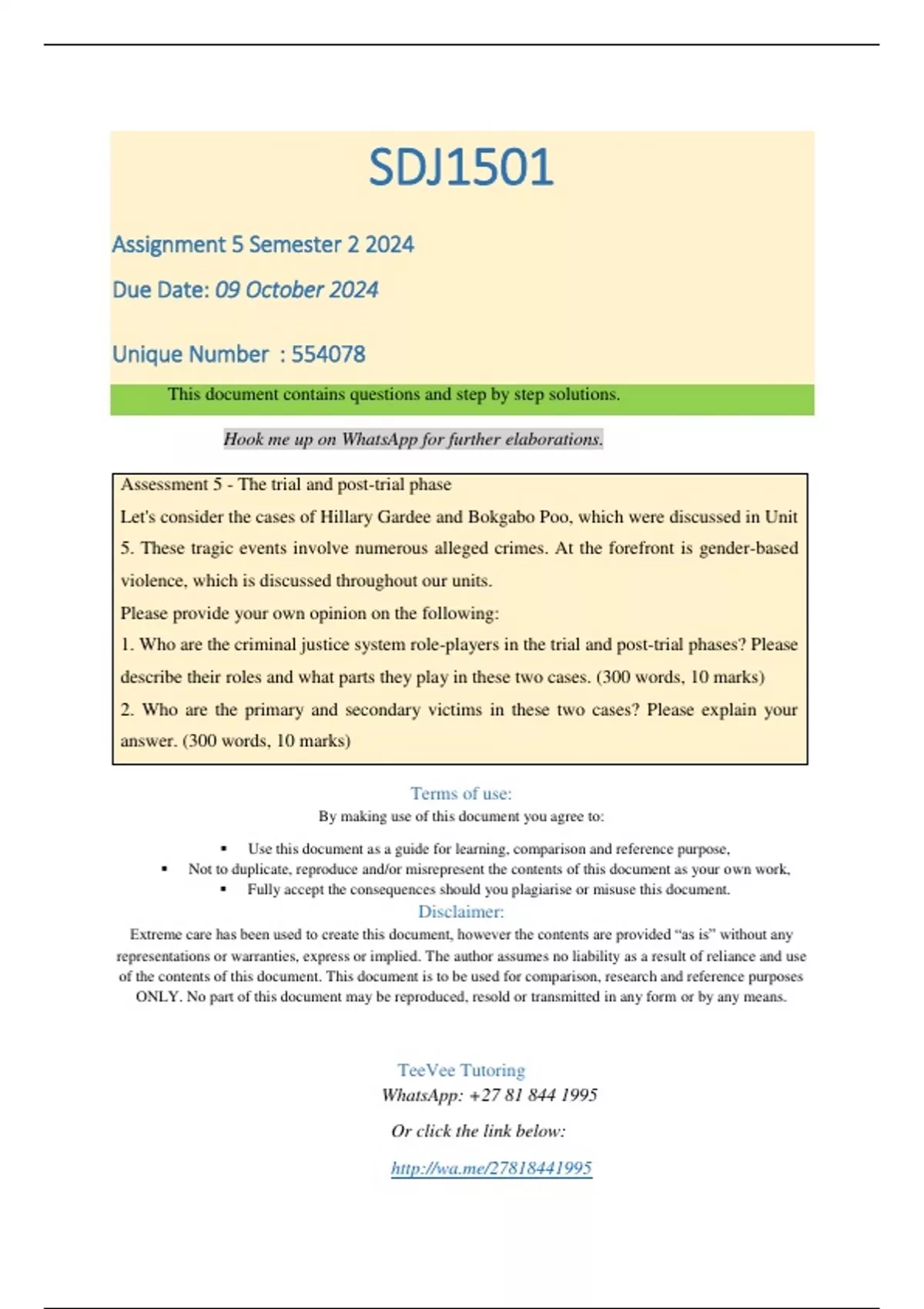 SJD1501 assignment 5 semester 2 (554078) 2024 - Social Dimensions of ...