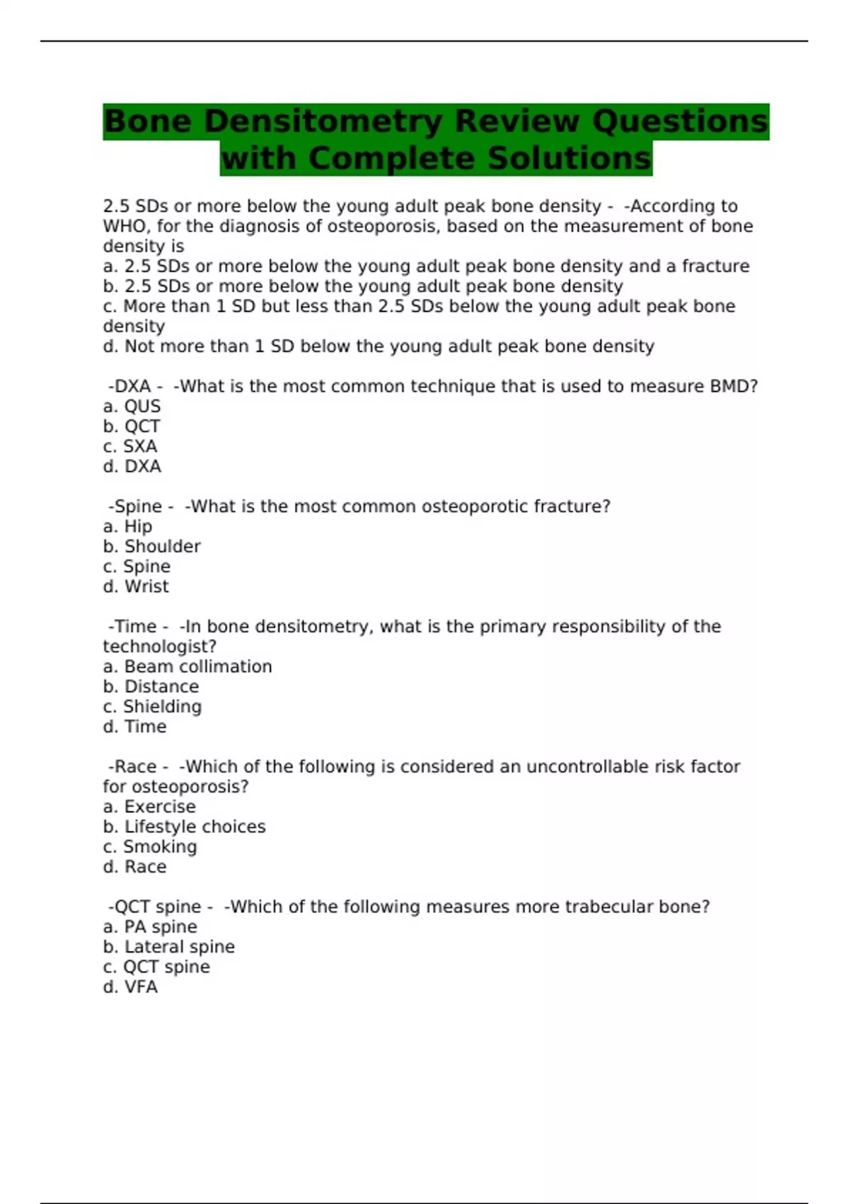 Bone Densitometry Review Questions with Complete Solutions - Bone ...