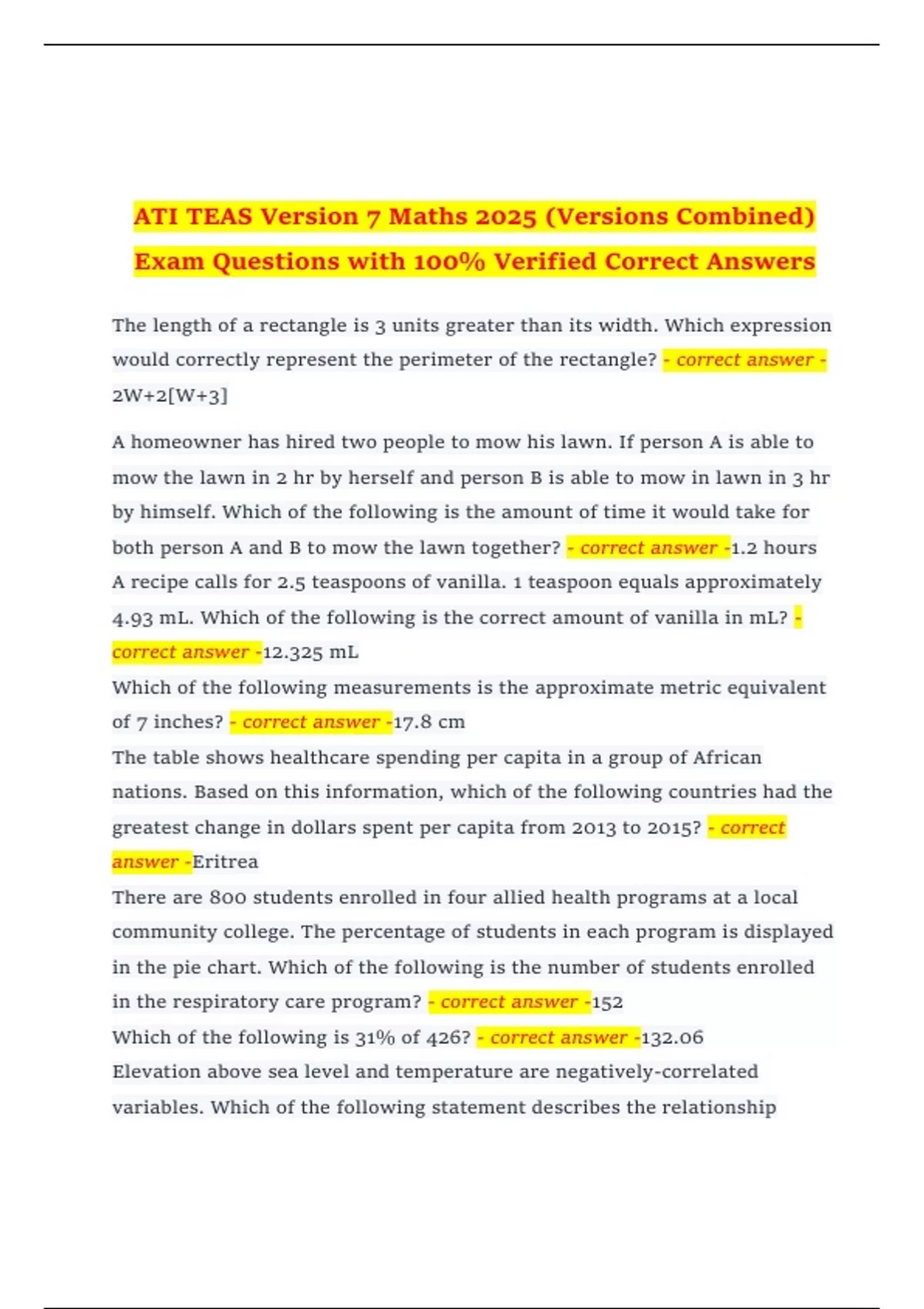 ATI TEAS Version 7 Maths 2025 (Versions Combined) Exam Questions with ...