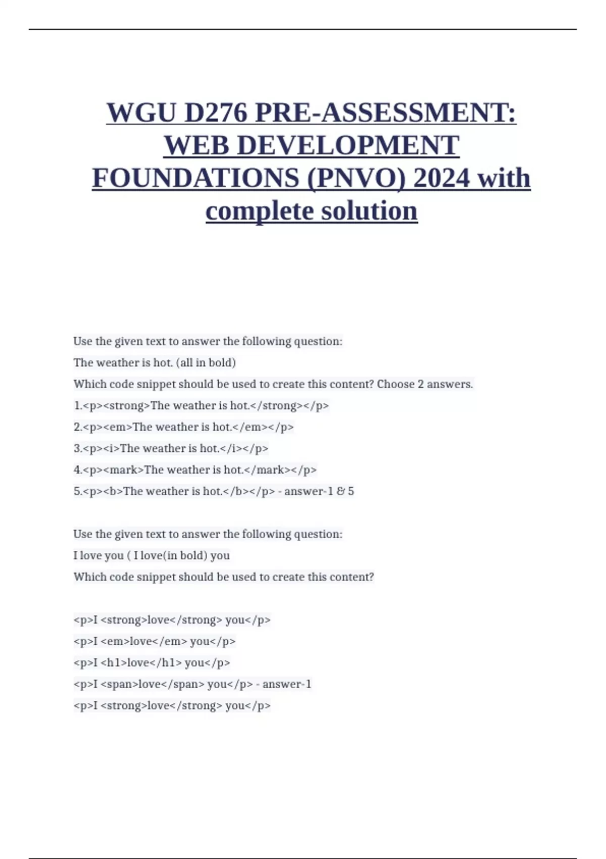 WGU D276 PRE-ASSESSMENT: WEB DEVELOPMENT FOUNDATIONS (PNVO) 2024 with complete solution - WGU ...