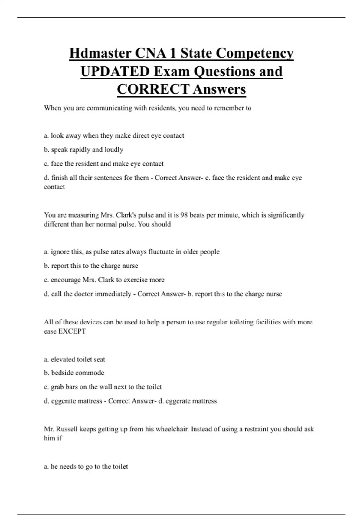 Hdmaster CNA 1 State Competency UPDATED Exam Questions and CORRECT ...