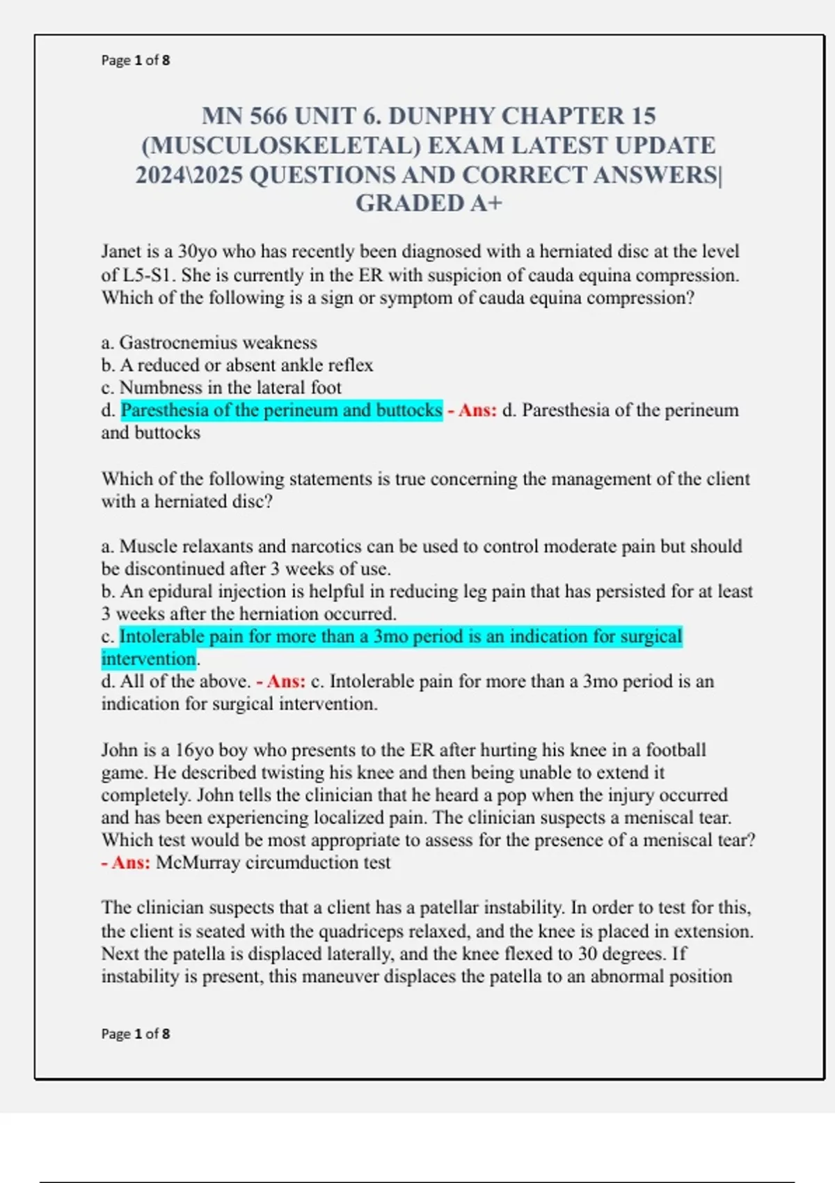 MN 566 UNIT 6. DUNPHY CHAPTER 15 (MUSCULOSKELETAL) EXAM LATEST UPDATE ...