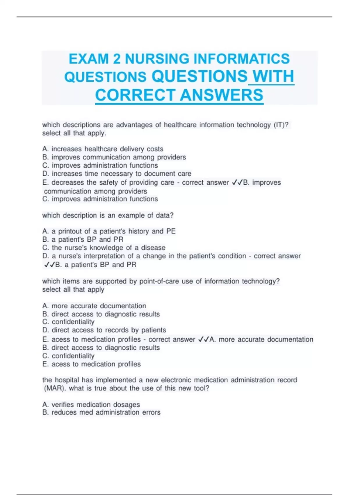 Nursing Informatics Final Exam Questions With Correct Answers