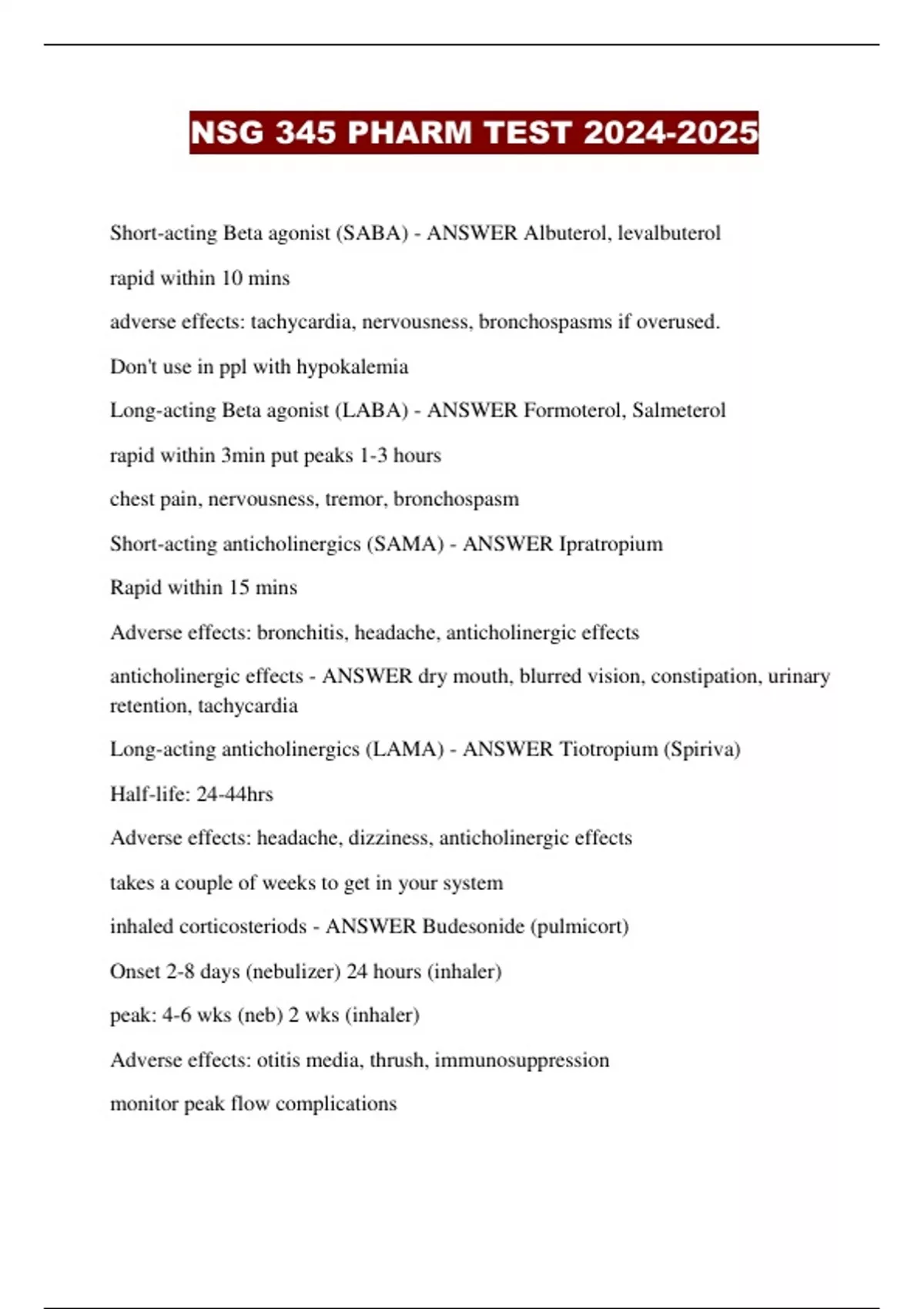 NSG 345 PHARM TEST - NSG 345 PHARM - Stuvia US