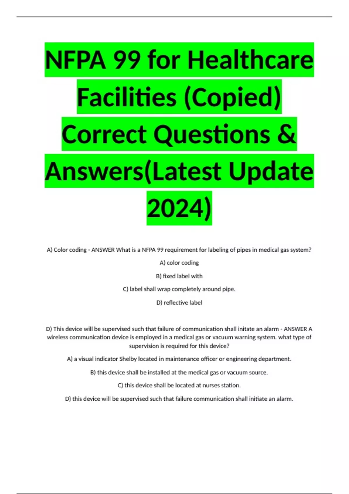 NFPA 99 for Healthcare Facilities (Copied) Correct Questions & Answers ...