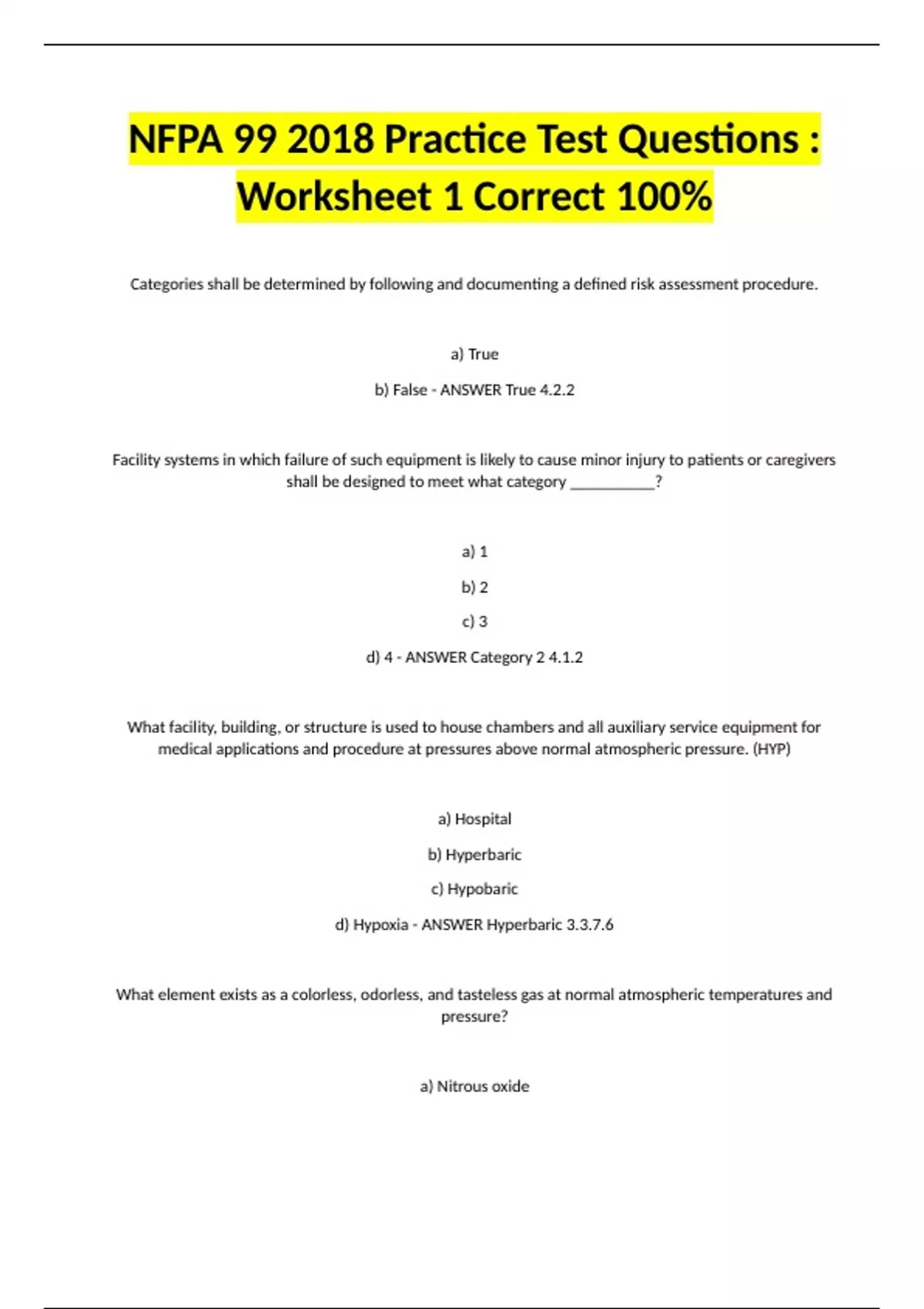 NFPA 99 2018 Practice Test Questions : Worksheet 1 Correct 100% - NFPA ...