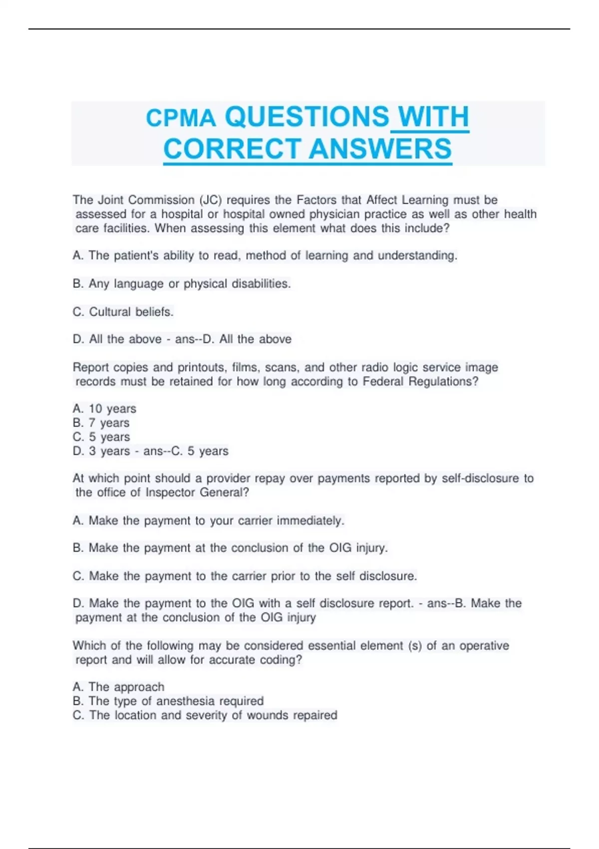 CPMA PRACTICE EXAM A QUESTIONS WITH CORRECT ANSWERS - CPMA - Stuvia US
