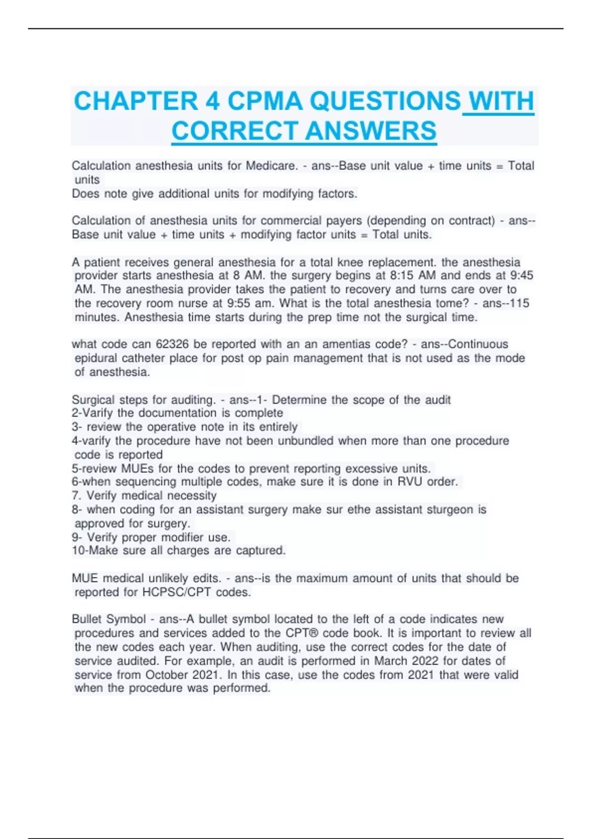 CHAPTER 4 CPMA QUESTIONS WITH CORRECT ANSWERS - CPMA - Stuvia US