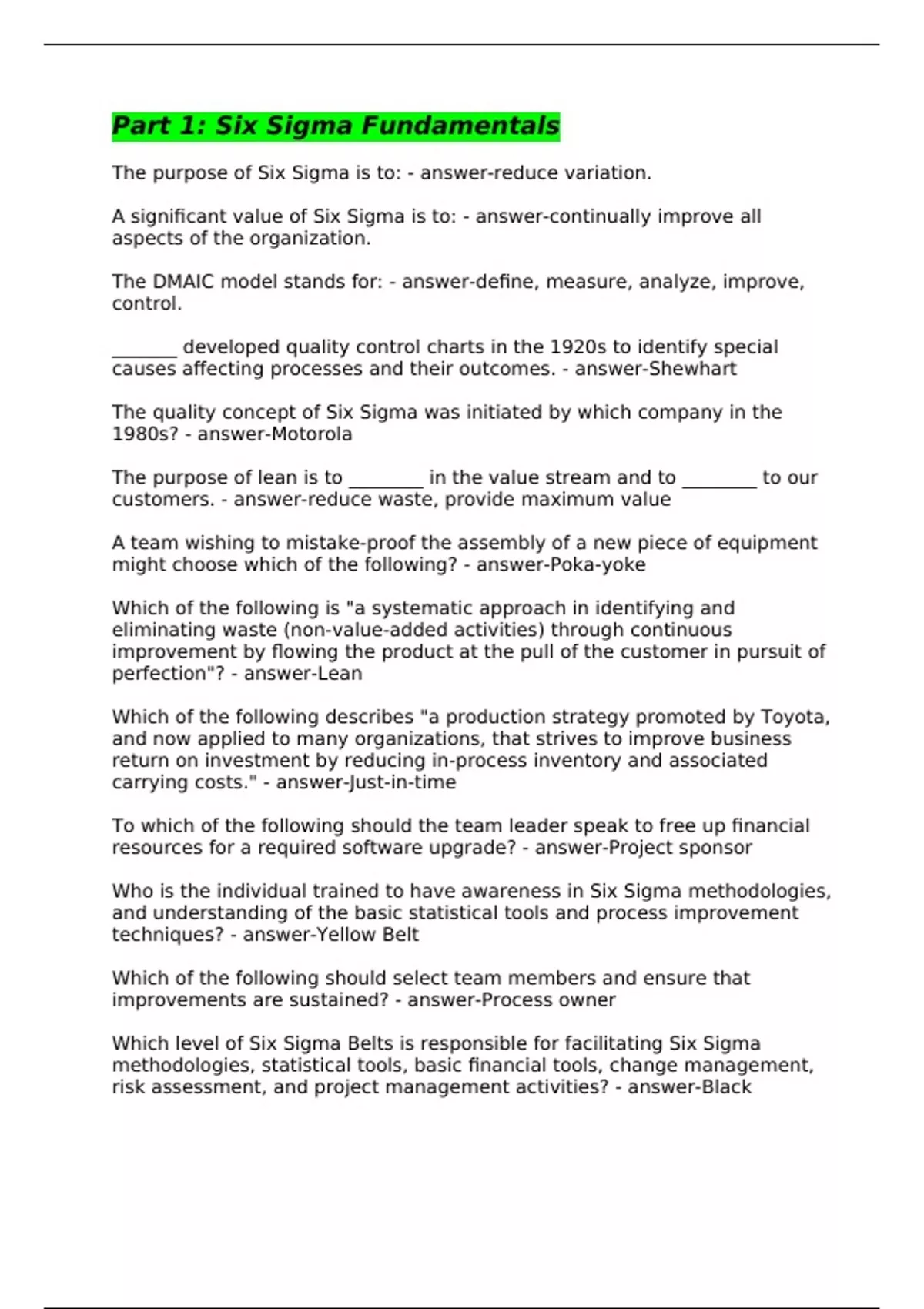 Part 1: Six Sigma Fundamentals - Part 1: Six Sigma Fundamentals - Stuvia US