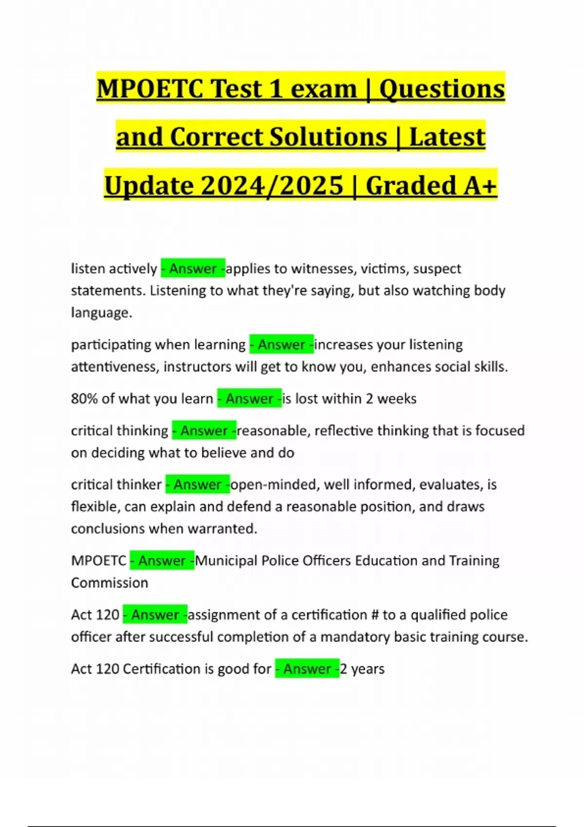 MPOETC Test 1 exam | Questions and Correct Solutions | Latest Update ...