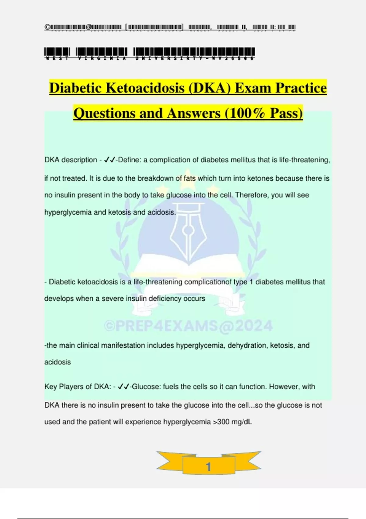 Diabetic Ketoacidosis (DKA) Exam Practice Questions and Answers (100% ...