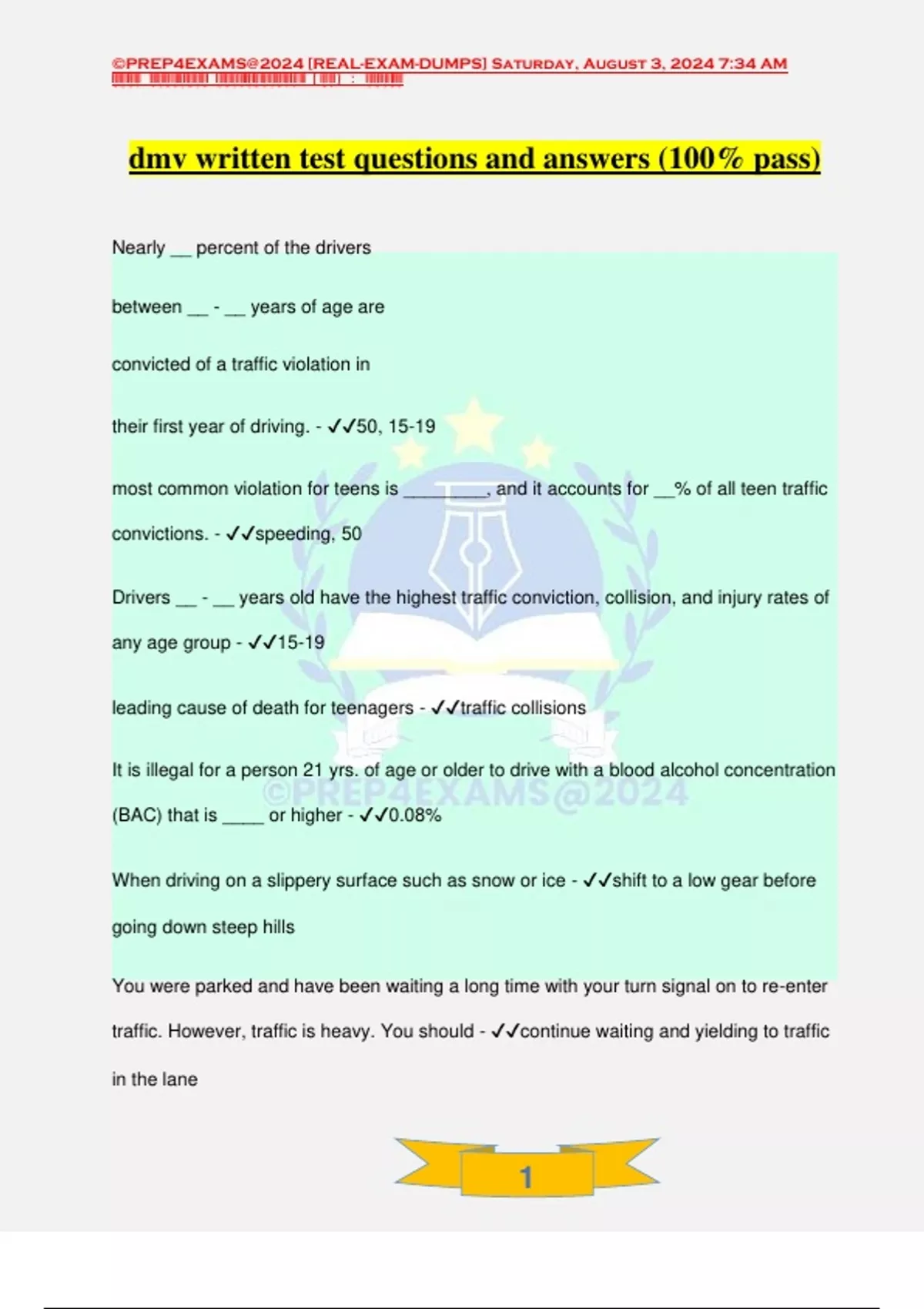 dmv written test questions and answers (100% pass) - Dmv - Stuvia US